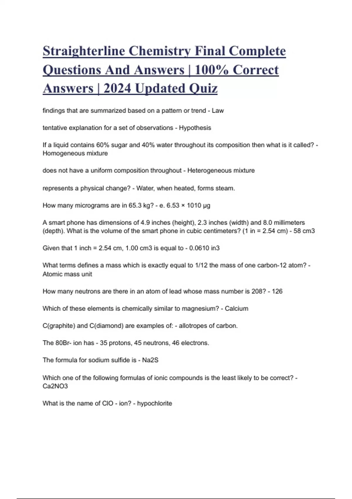 Straighterline Chemistry Final Complete Questions And Answers | 100% ...