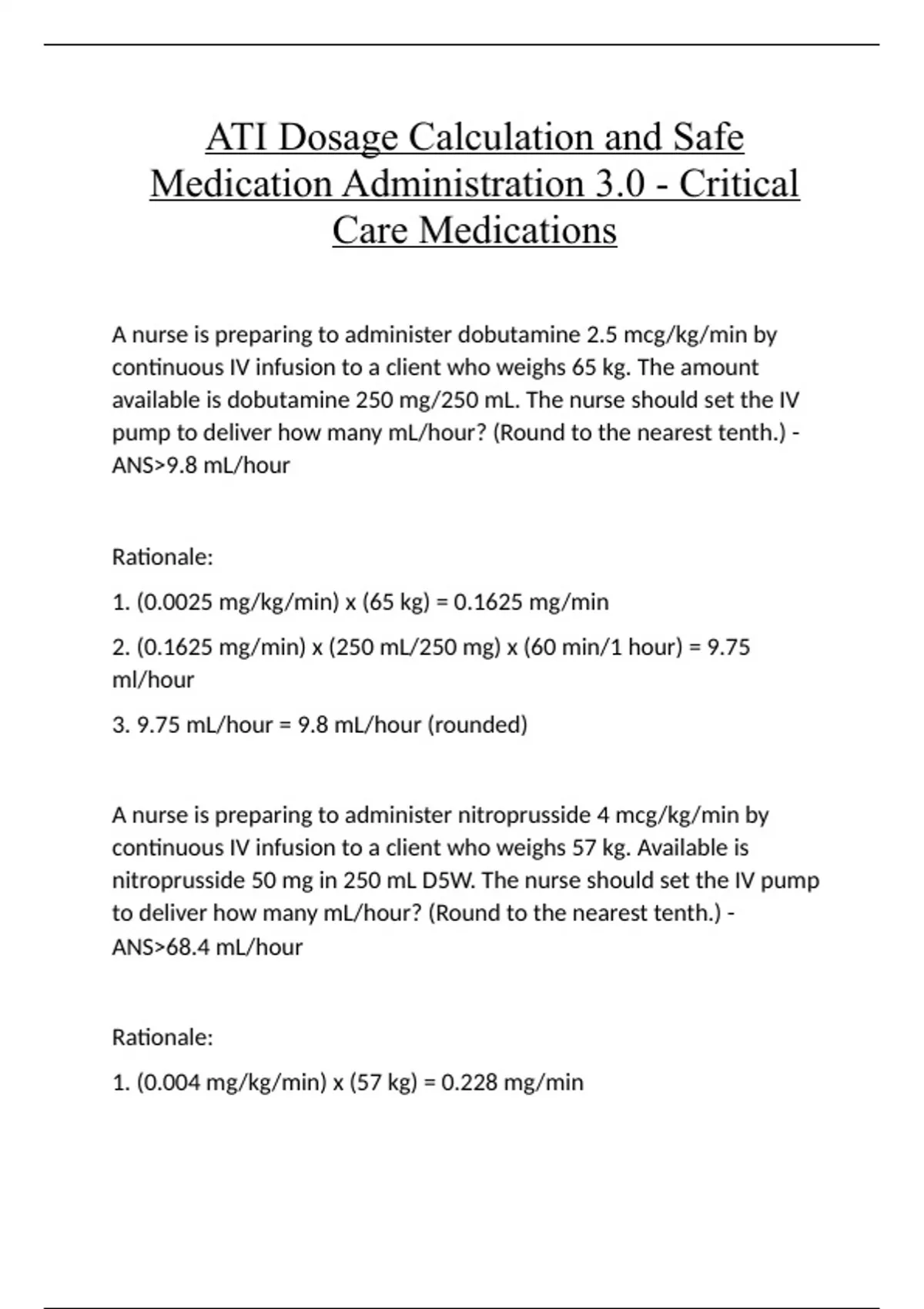 ATI Dosage Calculation and Safe Medication Administration 3.0 ...