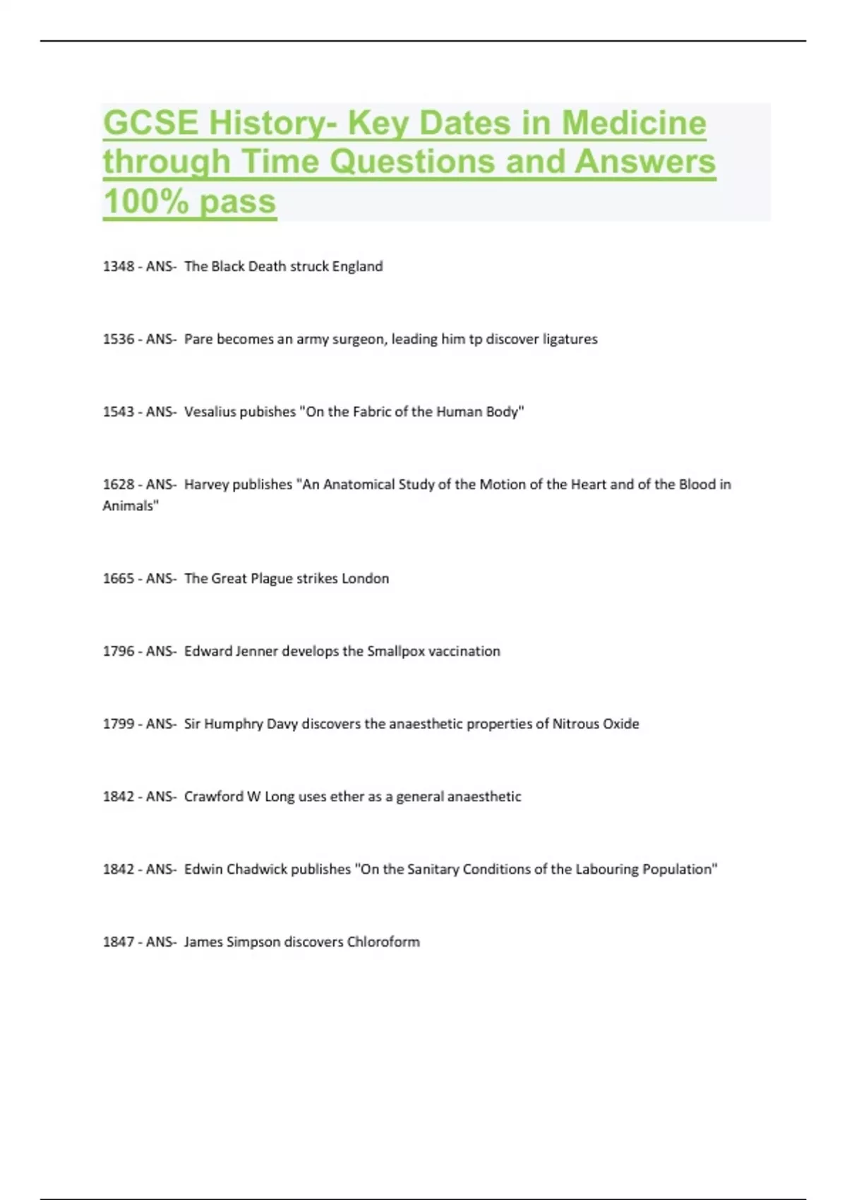 GCSE History- Key Dates in Medicine through Time Questions and Answers ...