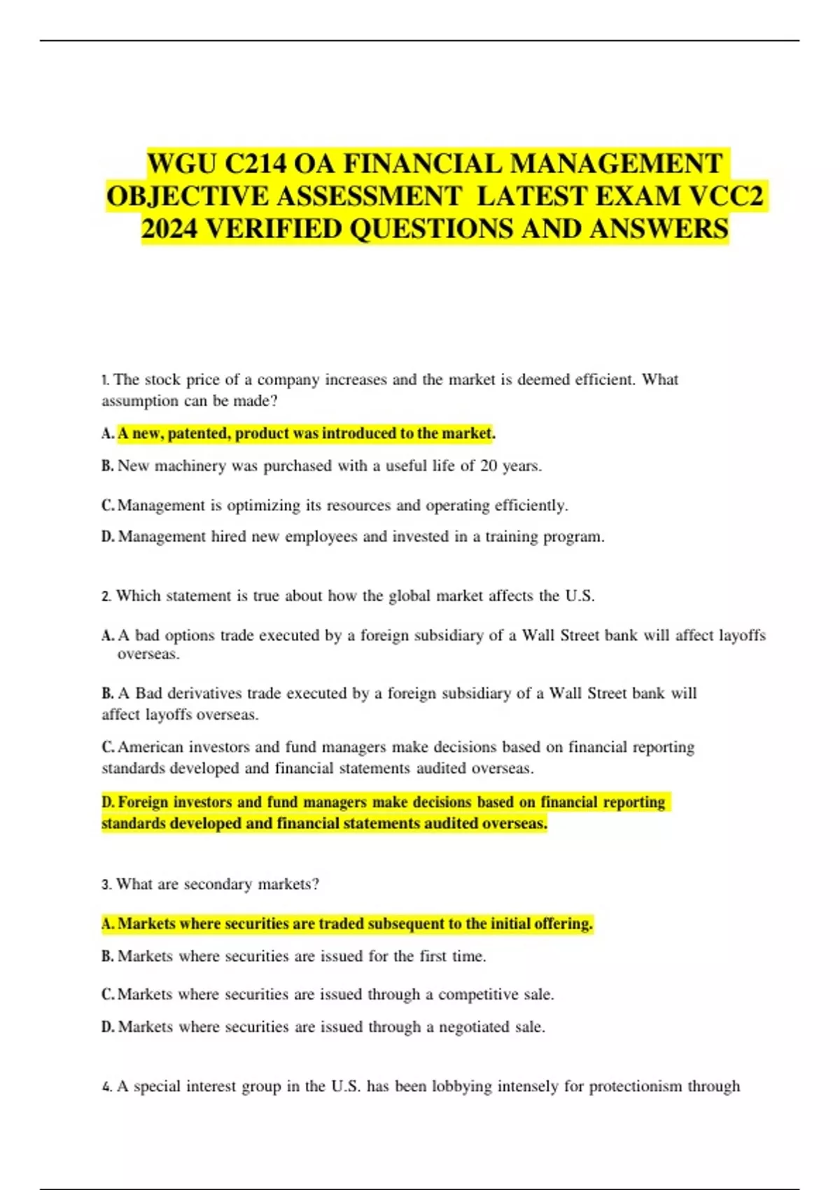 WGU C214 OA FINANCIAL MANAGEMENT OBJECTIVE ASSESSMENT LATEST EXAM VCC2 ...