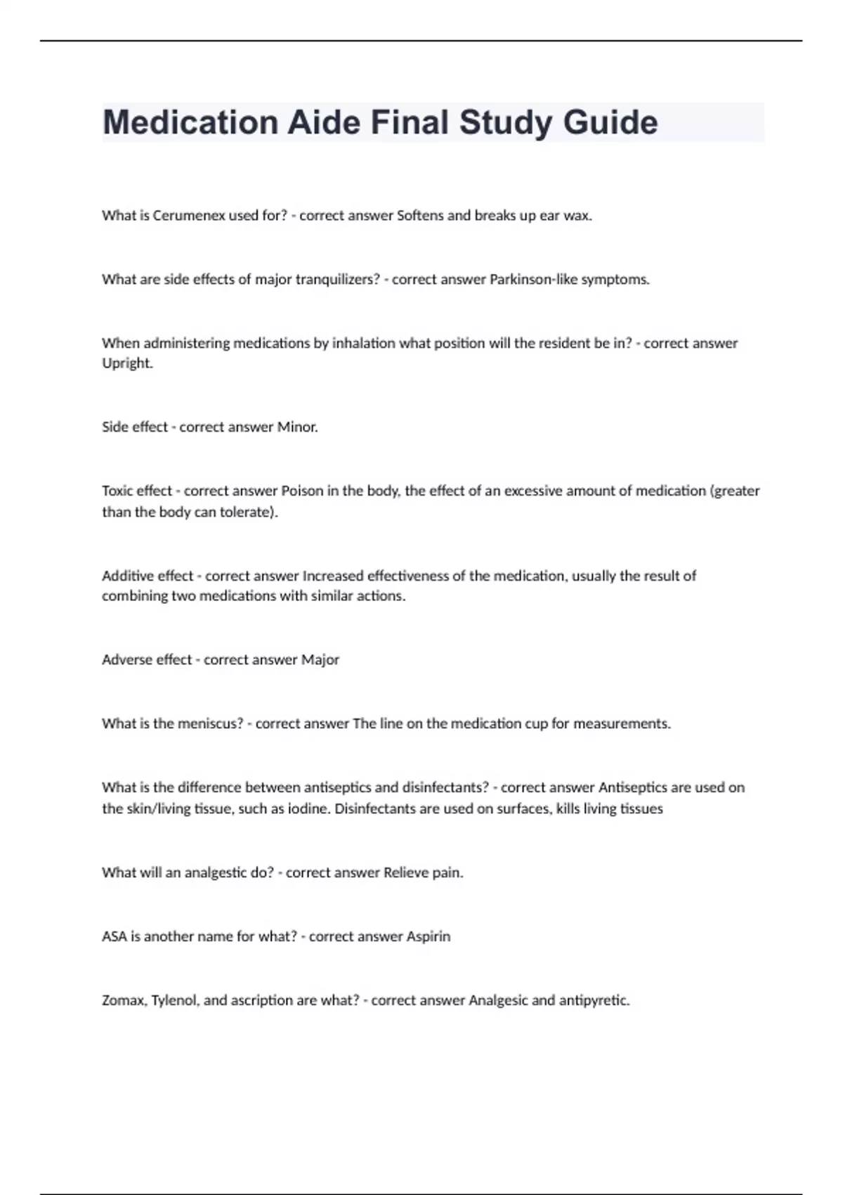 Medication Aide Final Study Guide questions and answers rated A+ 2024 ...