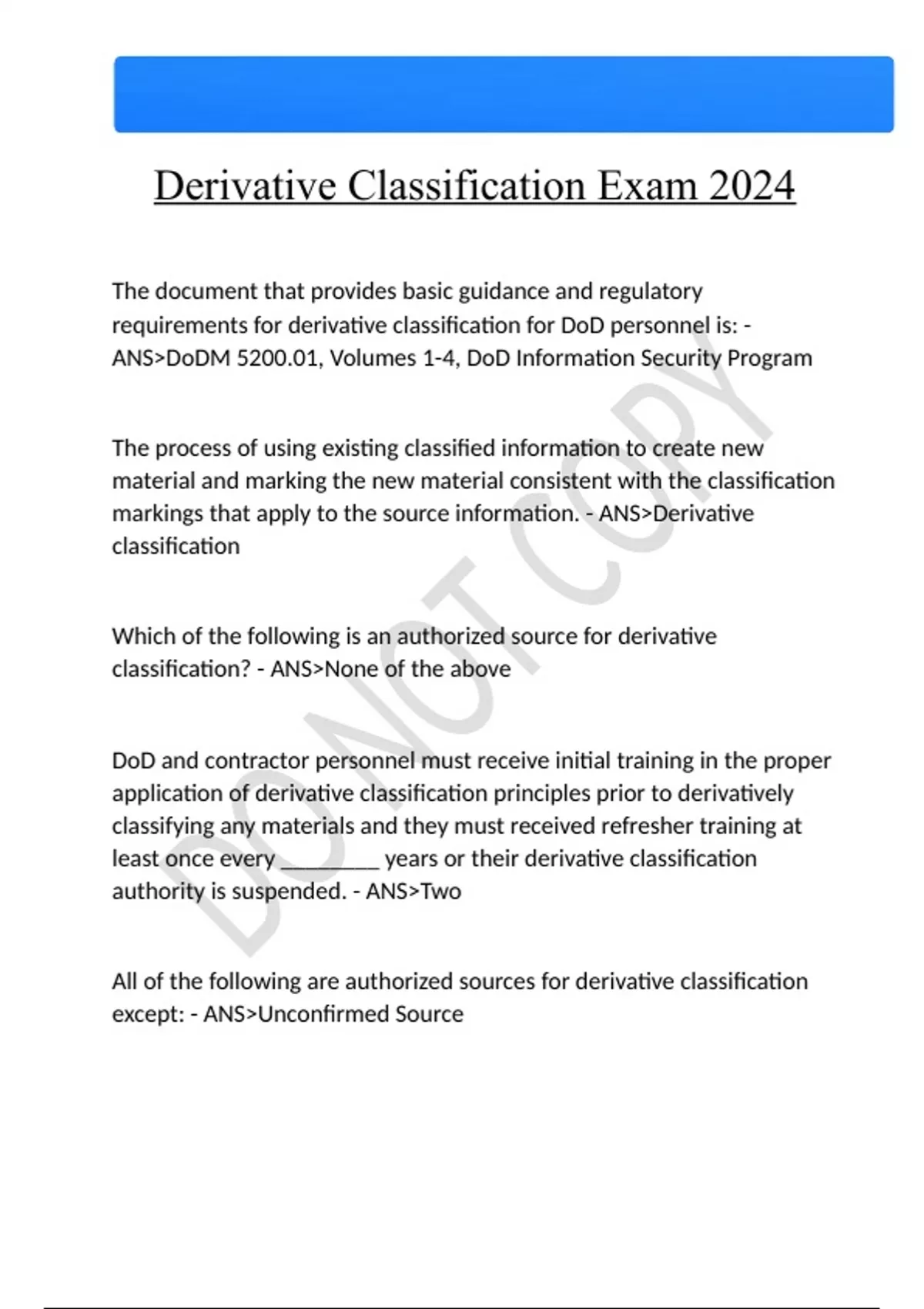 Derivative Classification Exam 2024 Questions And Answers Latest Update Verified Answers