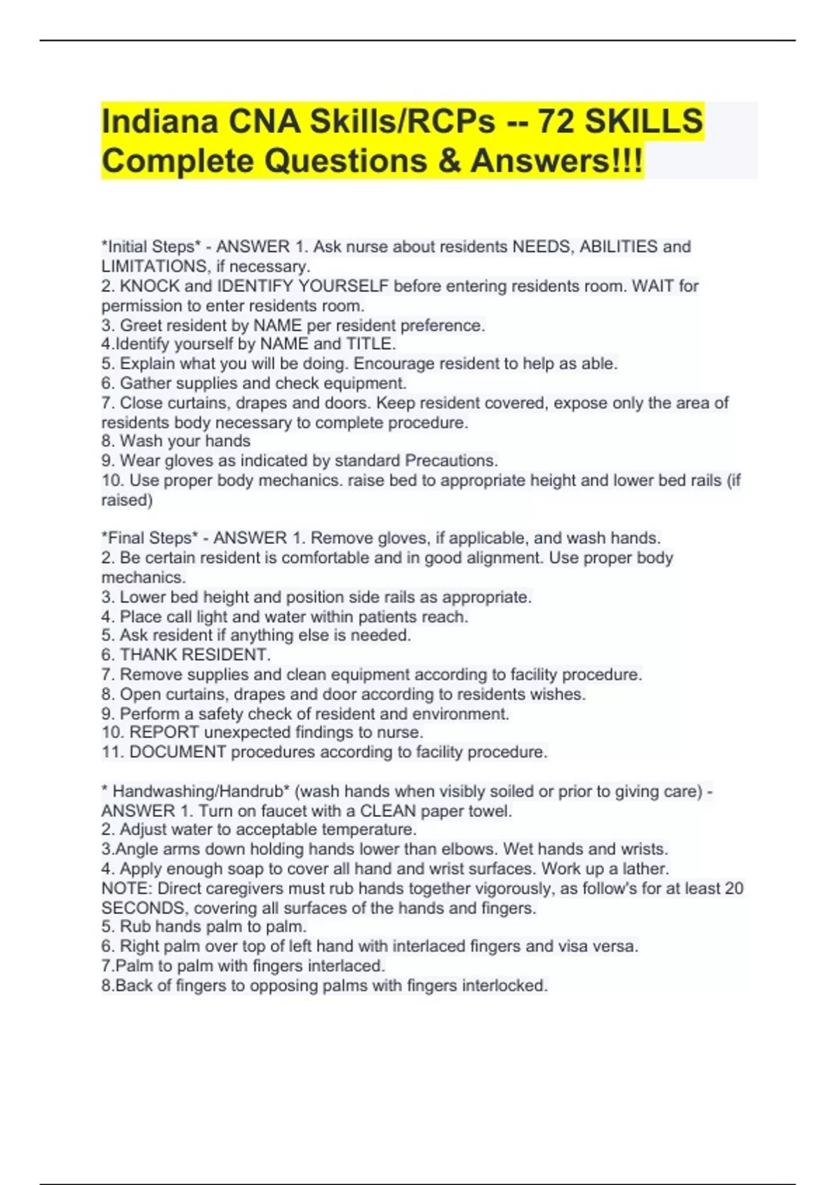 Indiana CNA Skills/RCPs -- 72 SKILLS Complete Questions & Answers ...