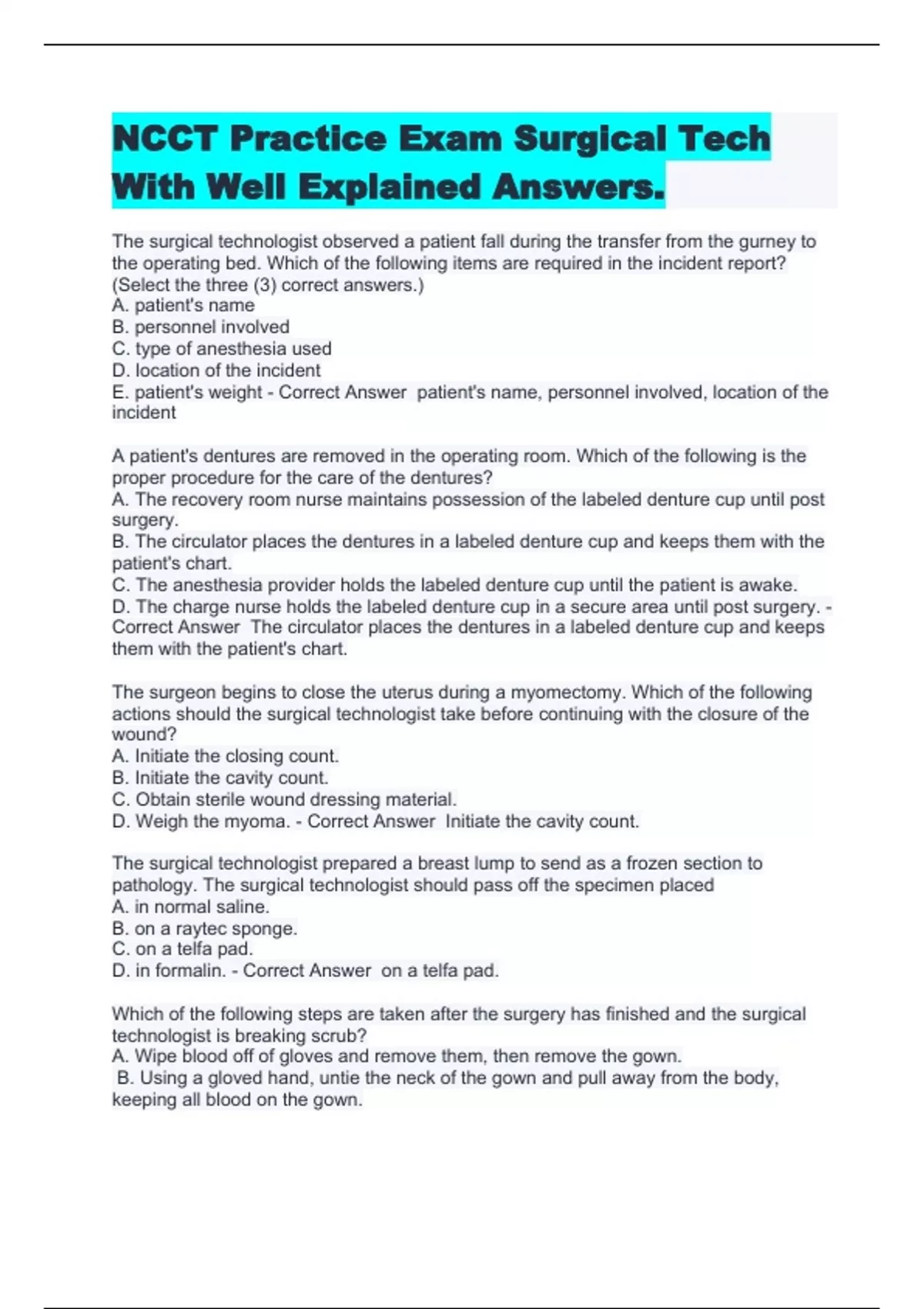 NCCT Practice Exam Surgical Tech With Well Explained Answers. - NCCT ...
