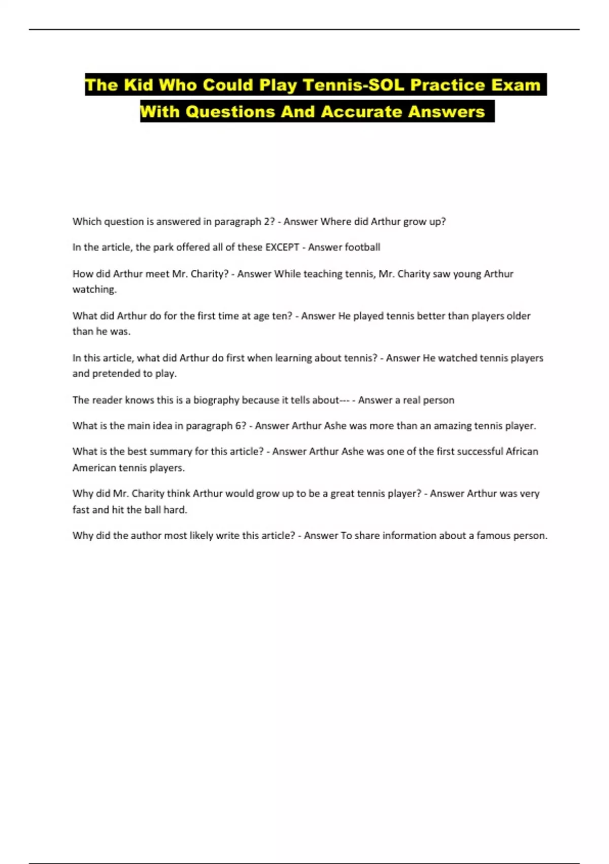 The Kid Who Could Play Tennis-SOL Practice Exam With Questions And Accurate Answers - The Kid ...