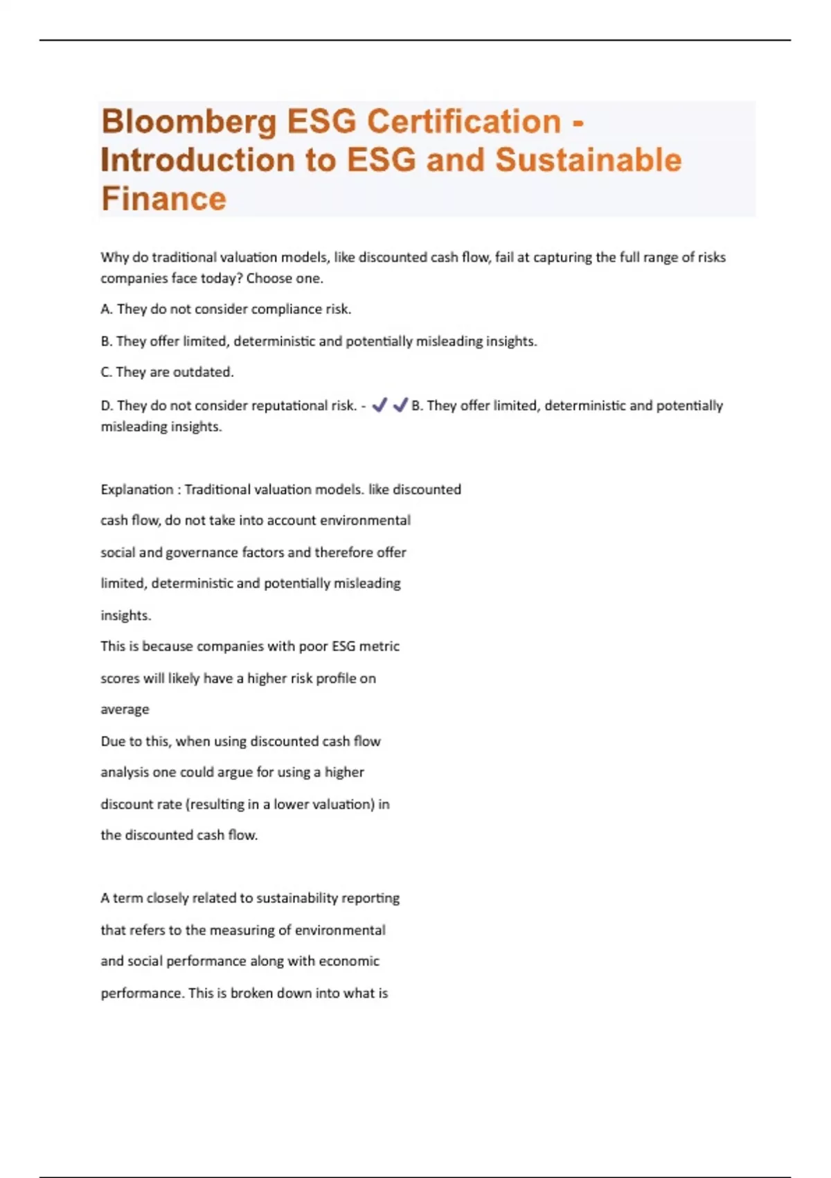 Bloomberg ESG Certification - Introduction to ESG and Sustainable Finance Questions & Answers ...