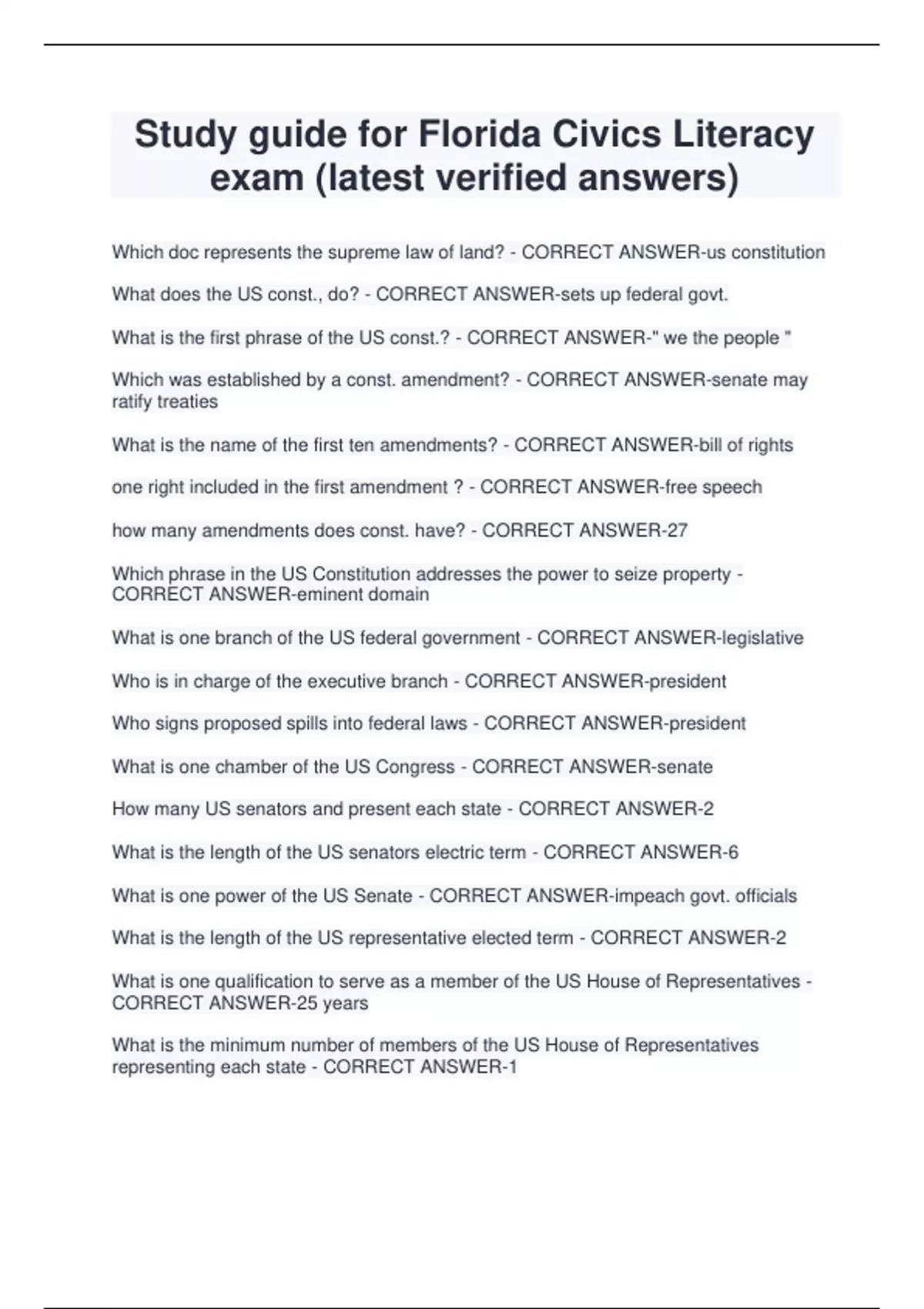 Study guide for Florida Civics Literacy exam (latest verified answers ...