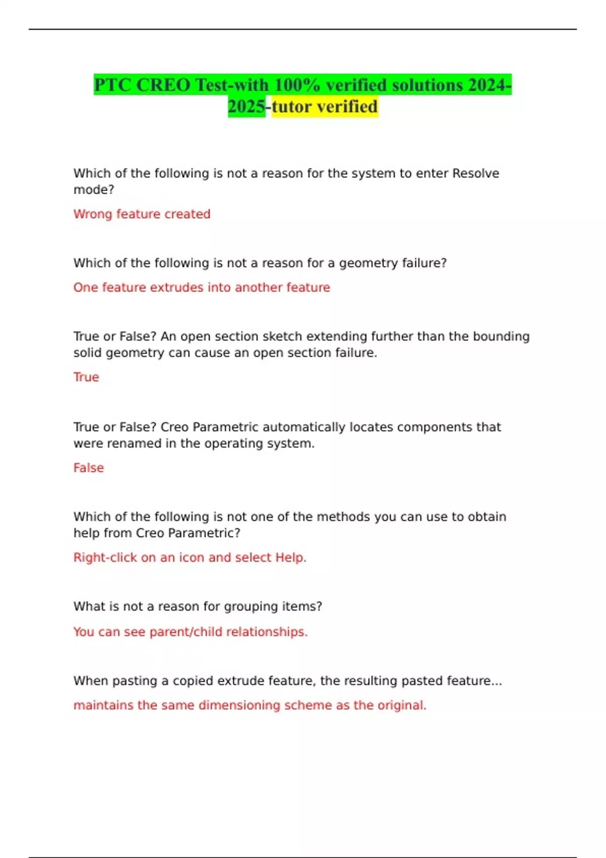 PTC CREO Test-with 100% verified solutions -tutor verified - PTC CREO ...