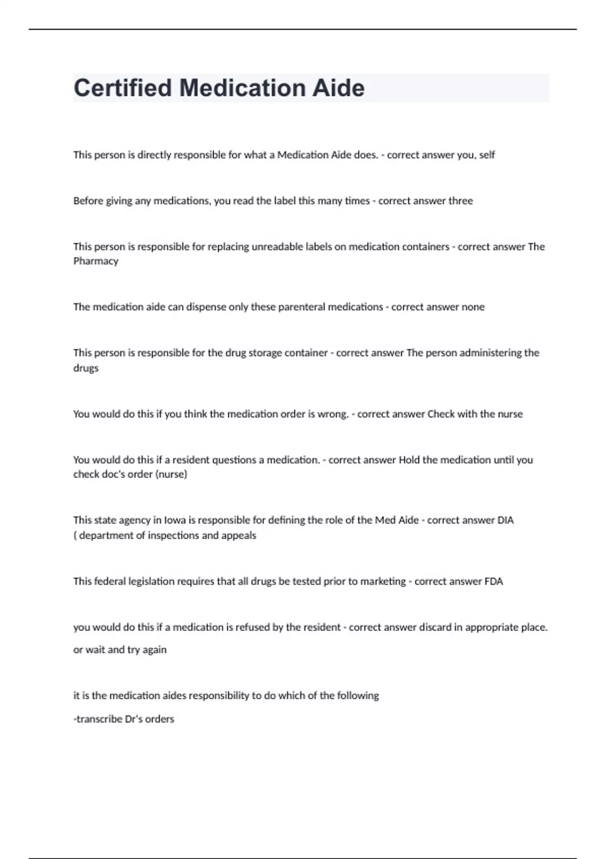 Certified Medication Aide questions and answers 100% correct 2024 ...