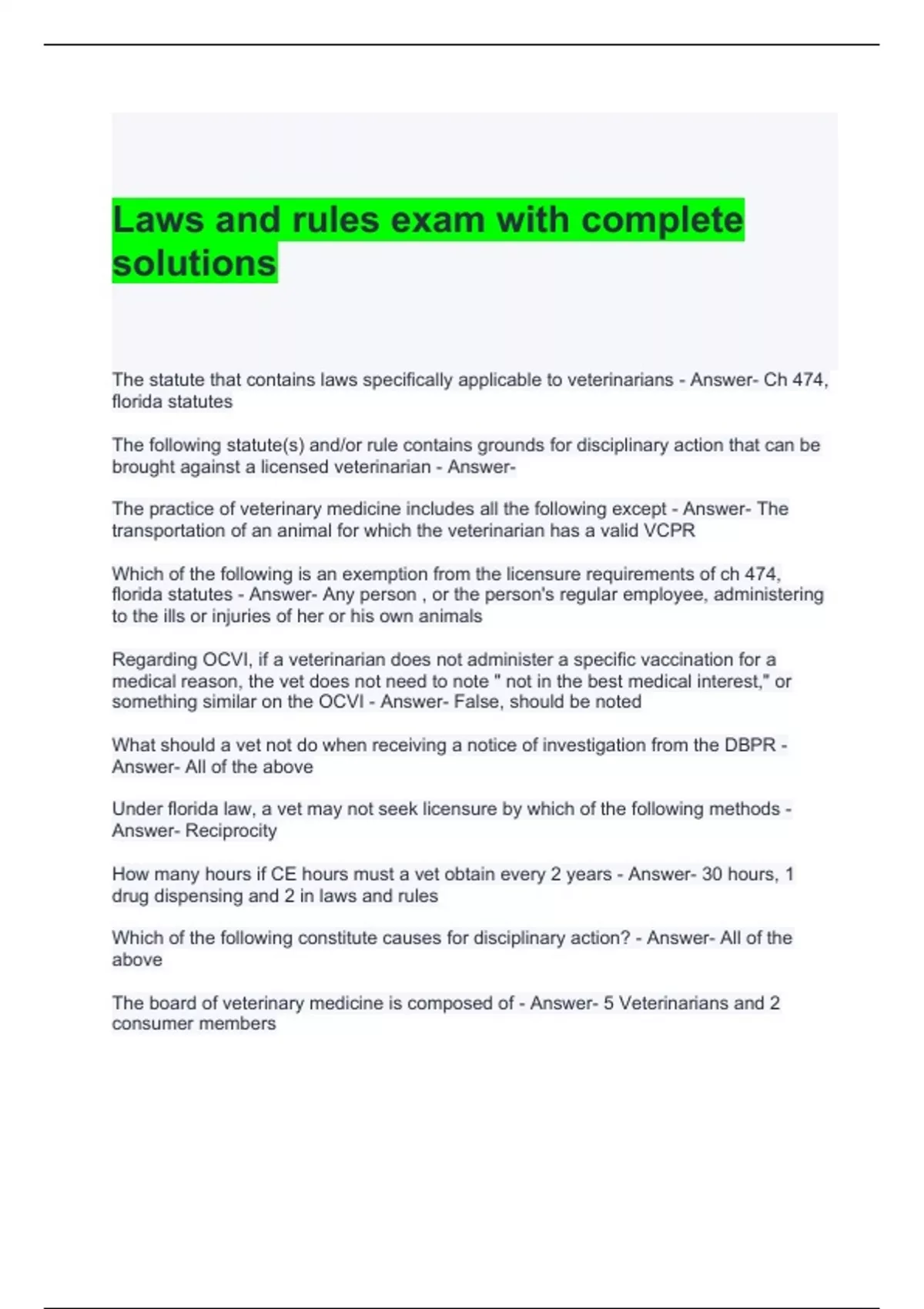 Laws and rules exam with complete solutions - Veterinary Laws and Rules ...