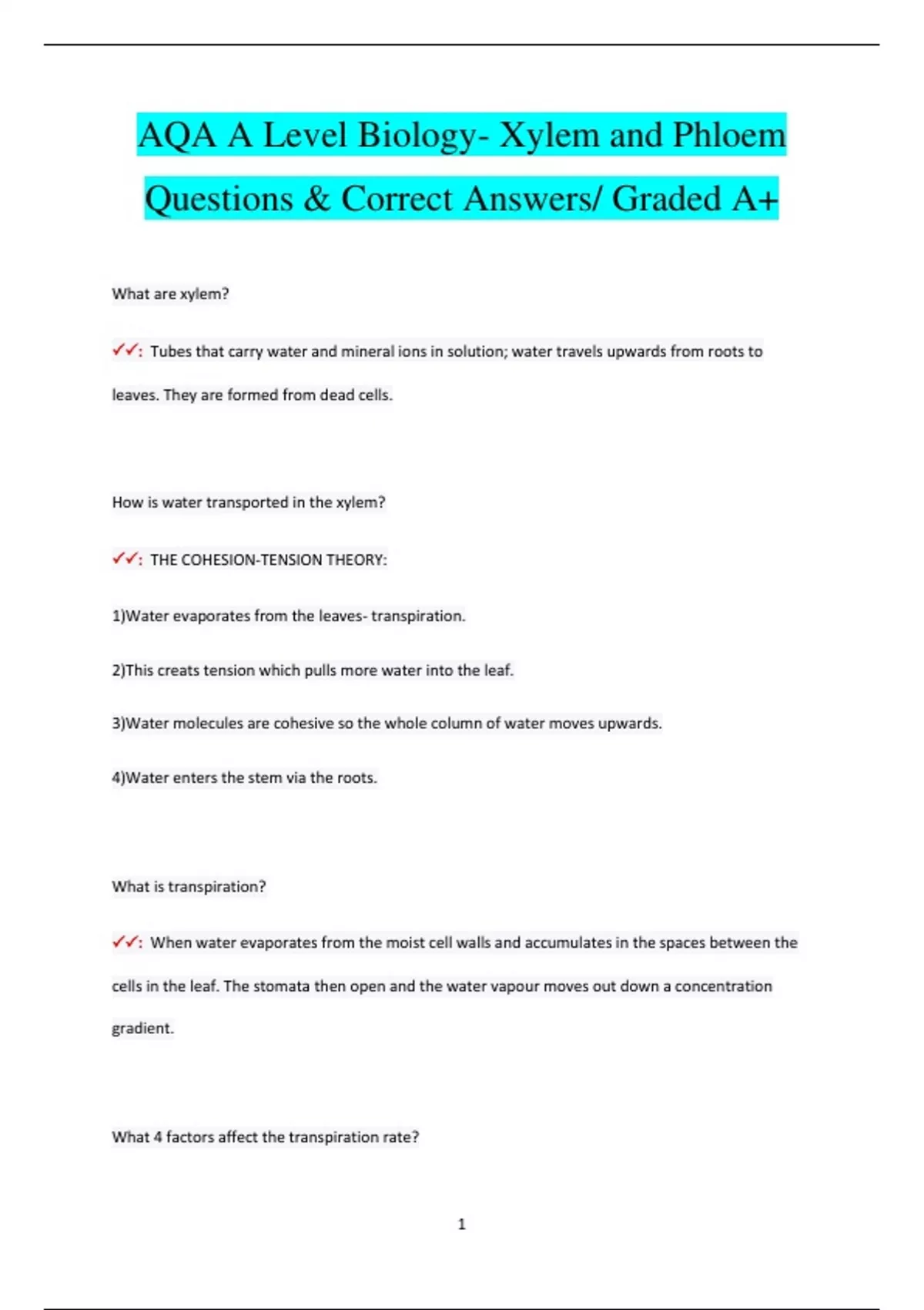 AQA A Level Biology- Xylem and Phloem Questions & Correct Answers ...