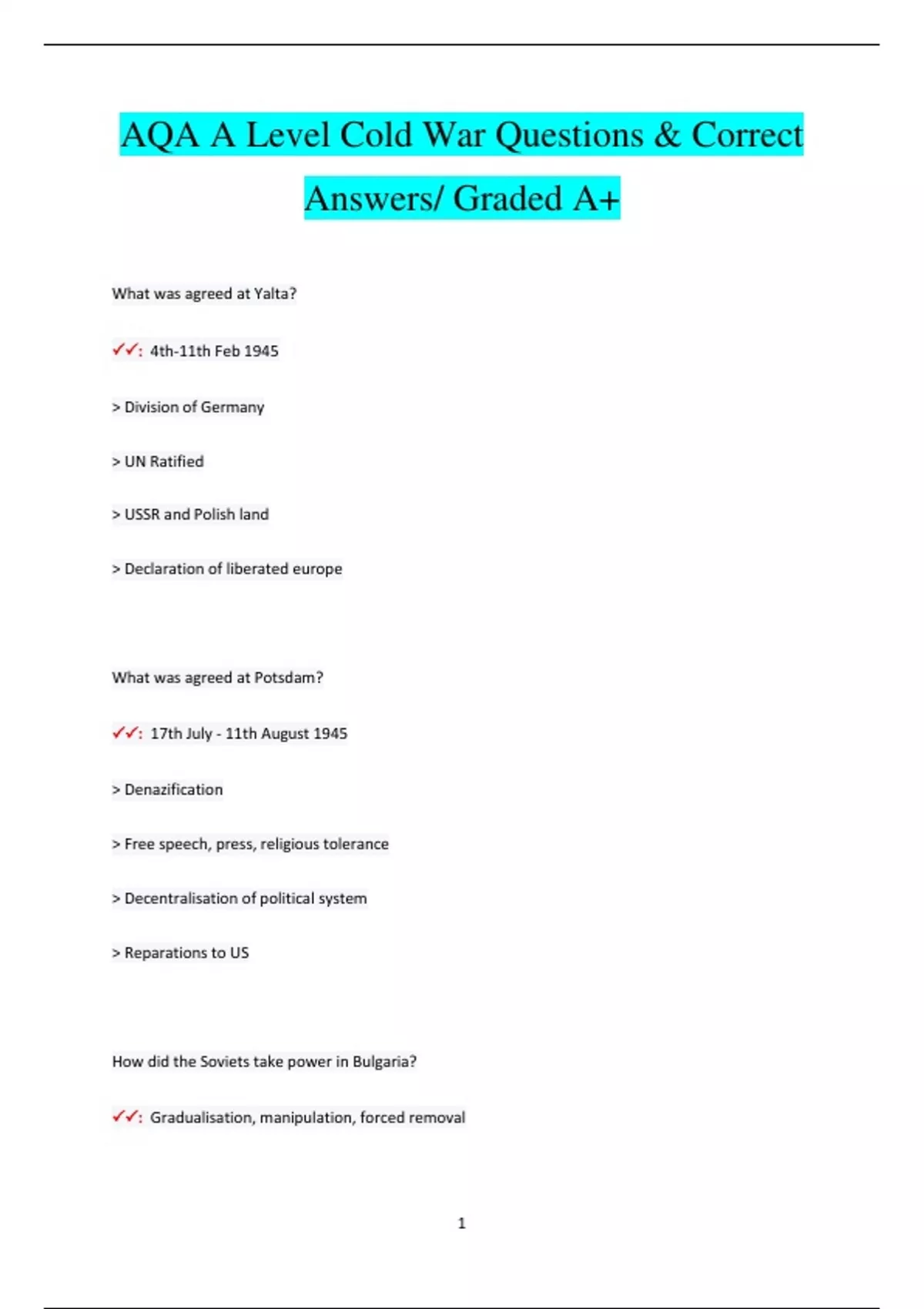 AQA A Level Cold War Questions & Correct Answers/ Graded A+ - AQA ...