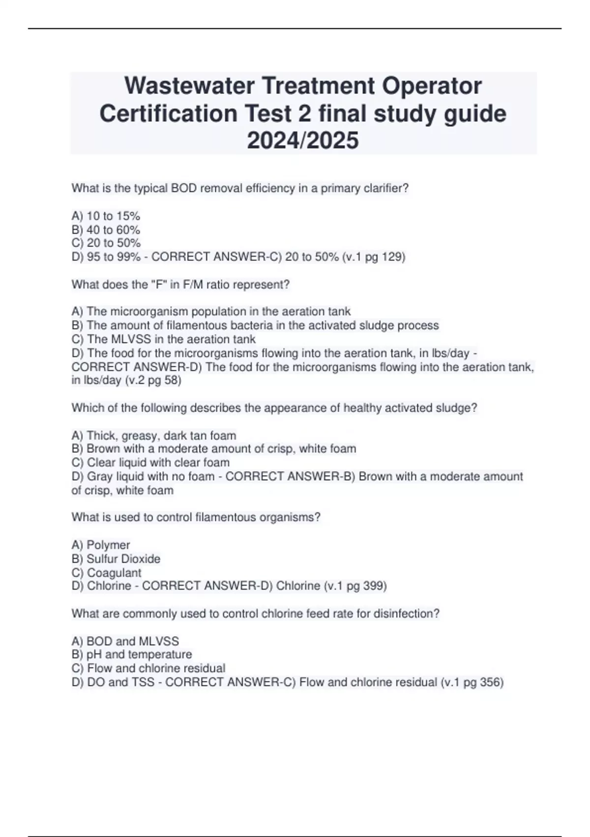 Wastewater Treatment Operator Certification Test 2 final study guide ...