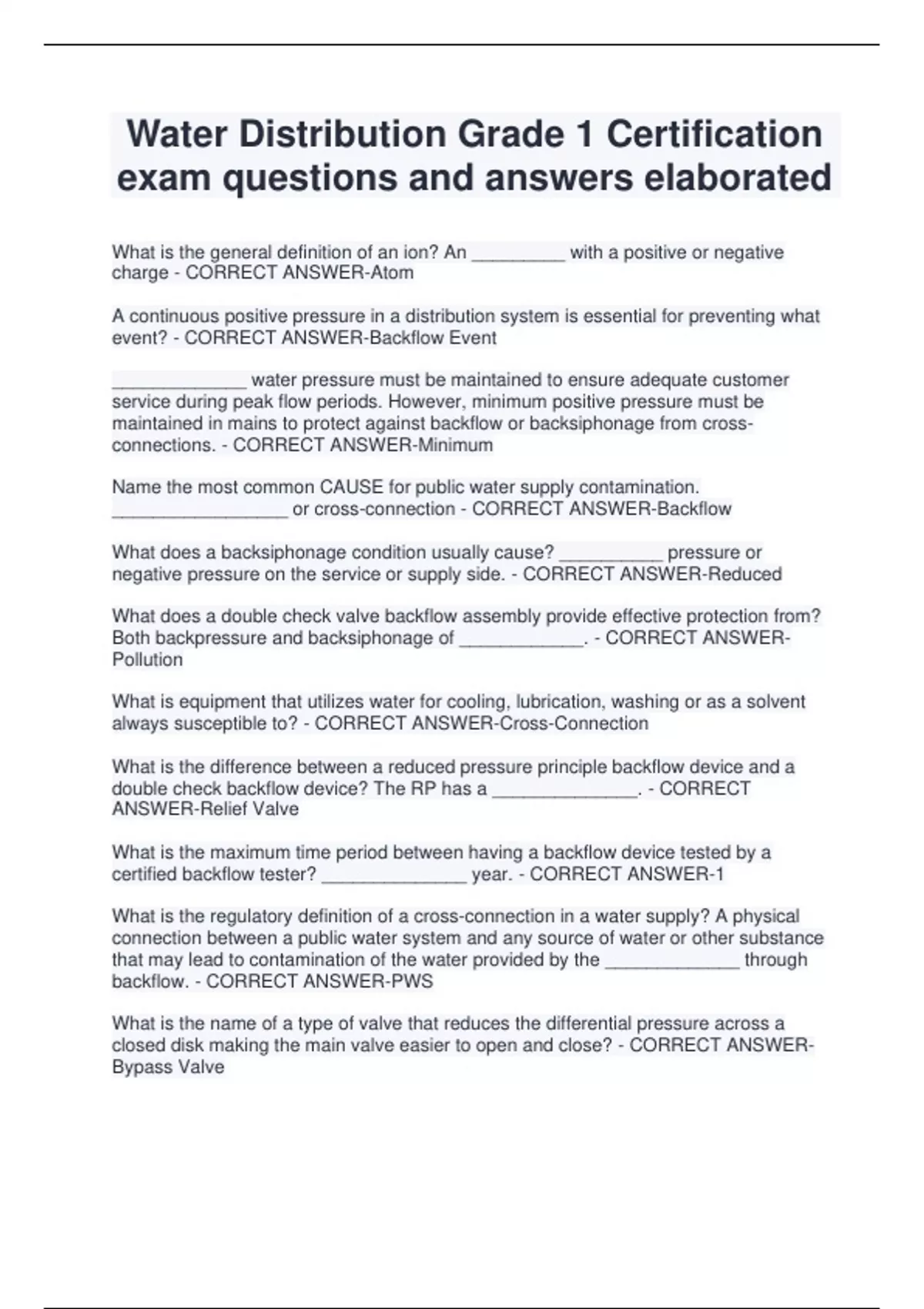 Water Distribution Grade 1 Certification exam questions and answers ...