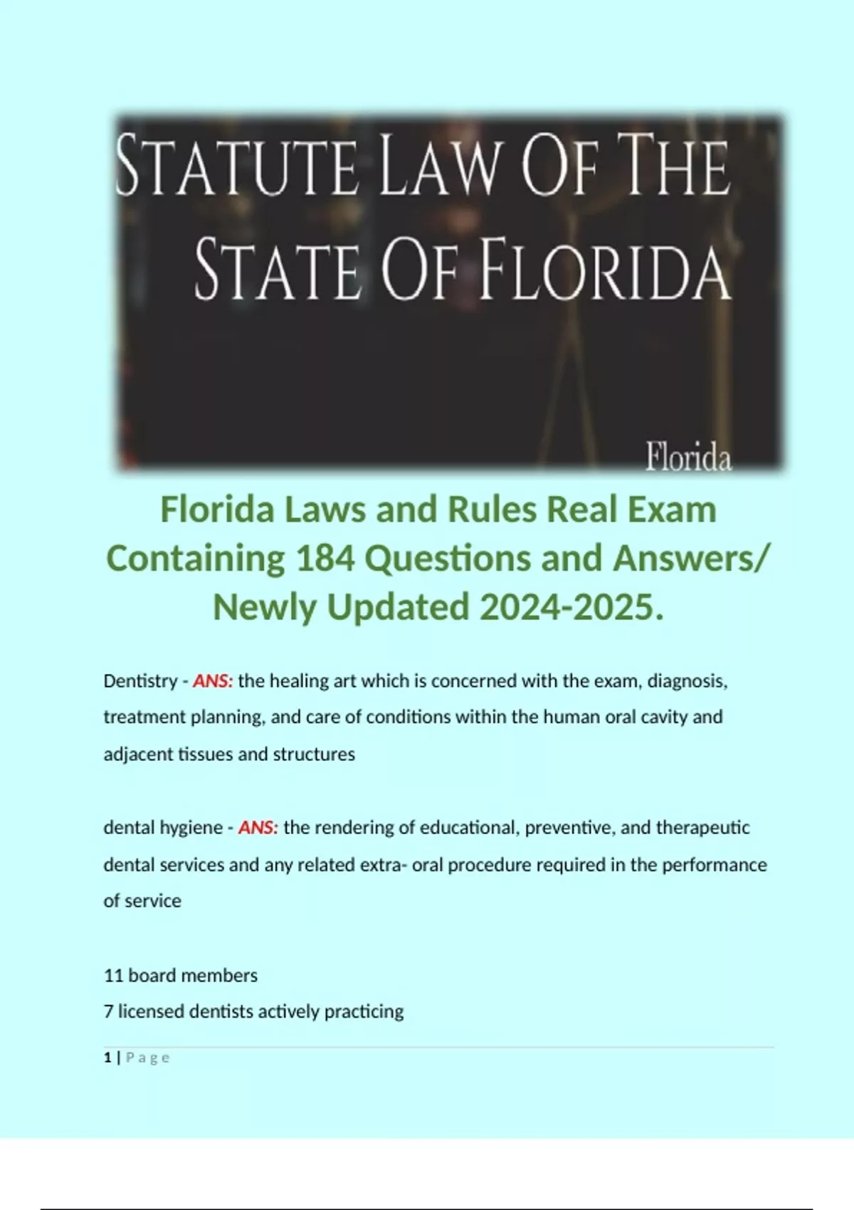 Florida Laws and Rules Real Exam Containing 184 Questions and Answers ...