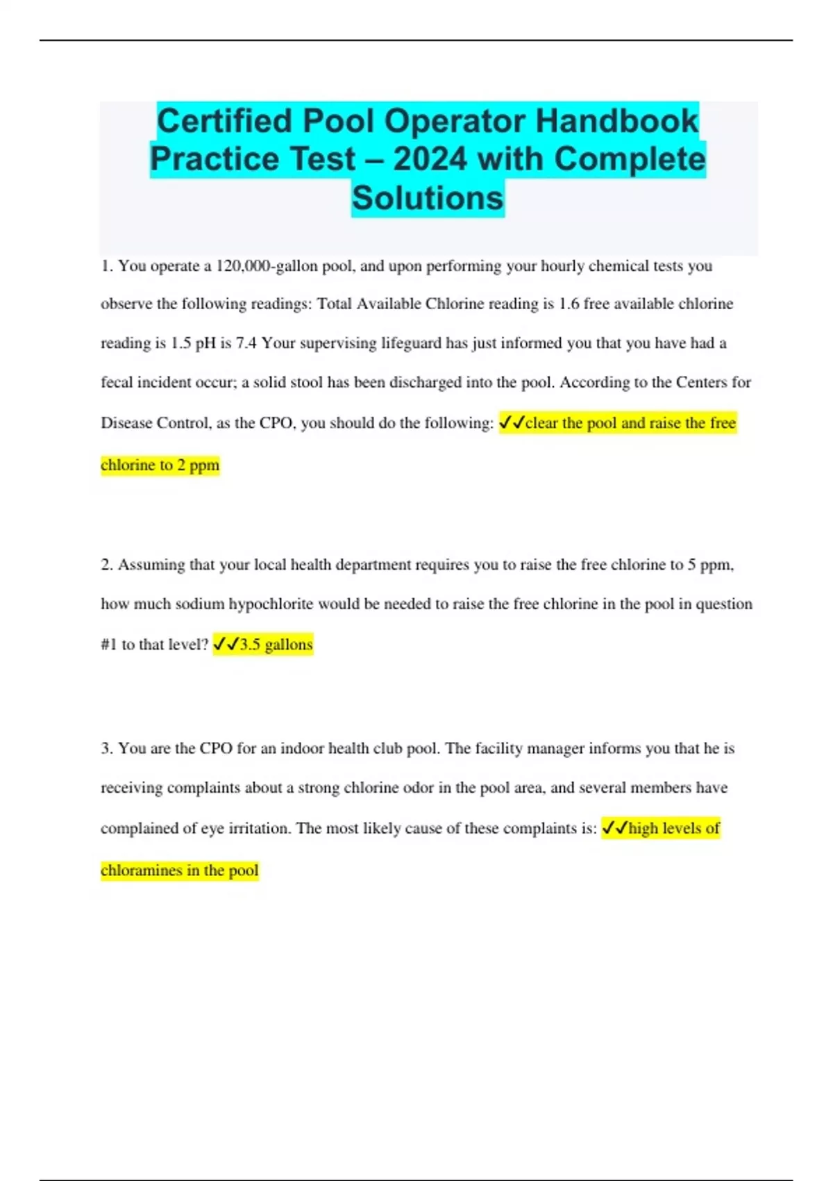 Certified Pool Operator Handbook Practice Test – 2024 with Complete ...