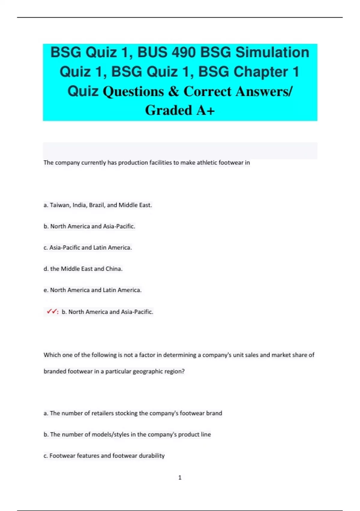 BSG Quiz 1, BUS 490 BSG Simulation Quiz 1, BSG Quiz 1, BSG Chapter 1 ...