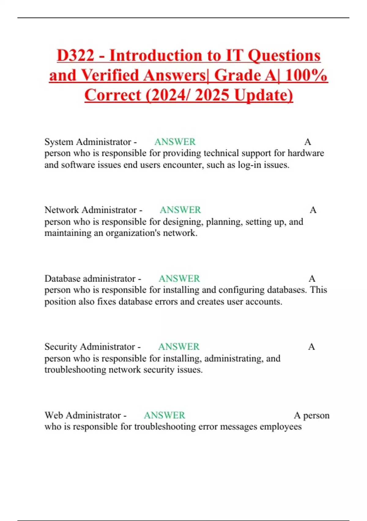 D322 - Introduction to IT Questions and Verified Answers| Grade A| 100% ...