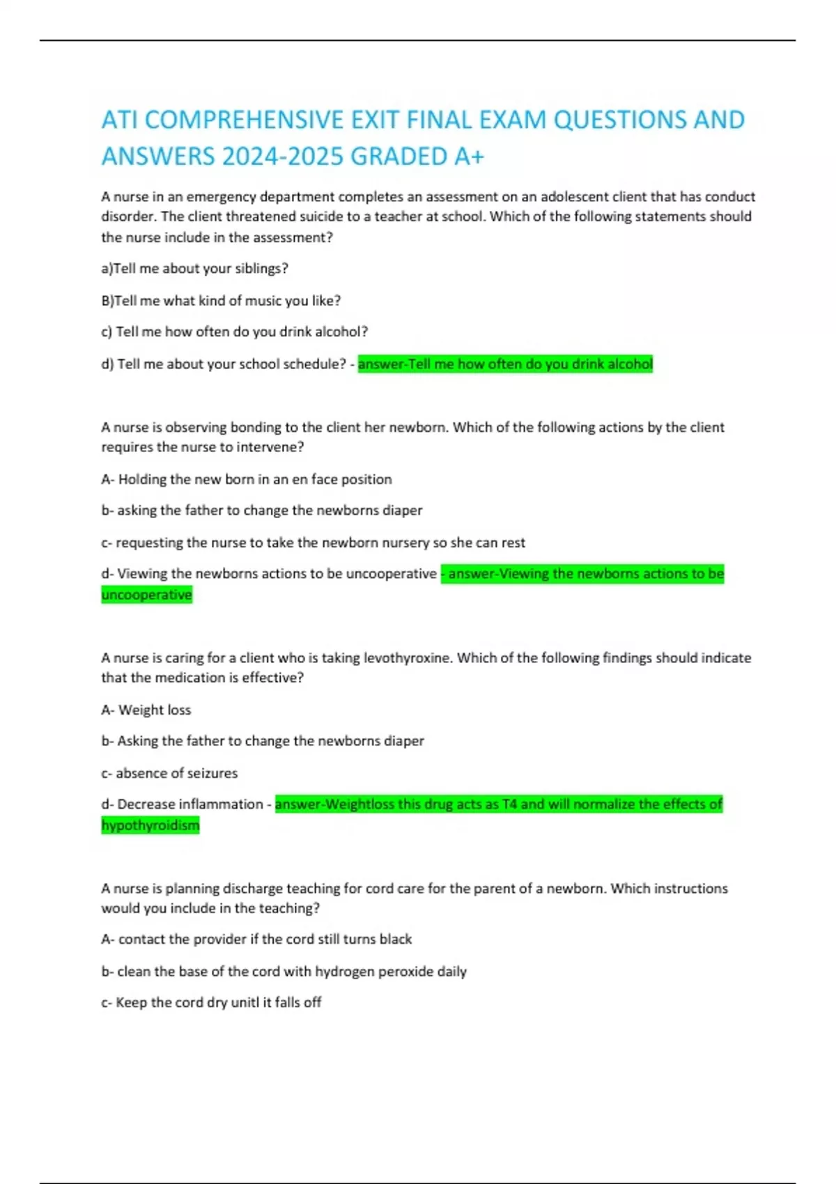 ATI COMPREHENSIVE EXIT FINAL EXAM QUESTIONS AND ANSWERS GRADED A+ - ATI ...