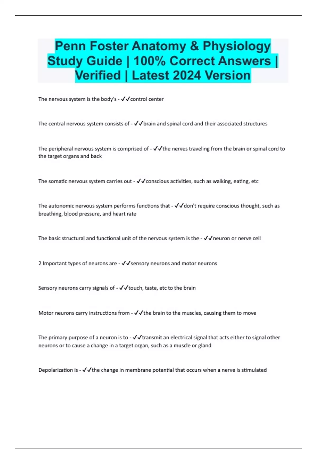 Penn Foster Anatomy & Physiology Study Guide | 100% Correct Answers ...