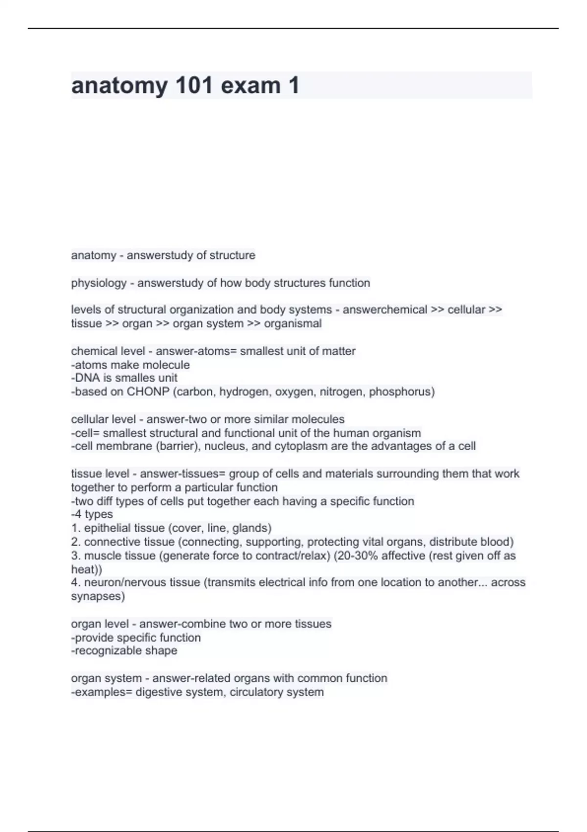 anatomy 101 exam 1 with solved questions - Anatomy - Stuvia US