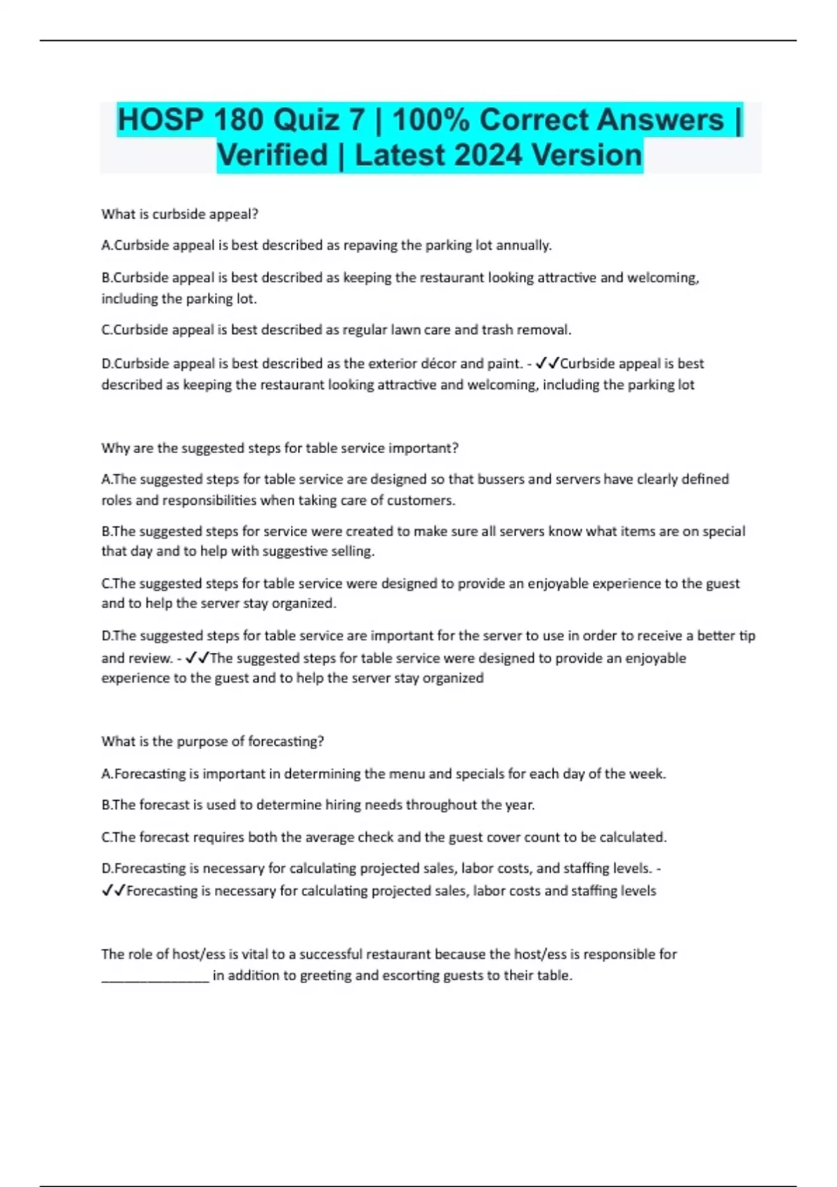 HOSP 180 Quiz 7 | 100% Correct Answers | Verified | Latest 2024 Version ...