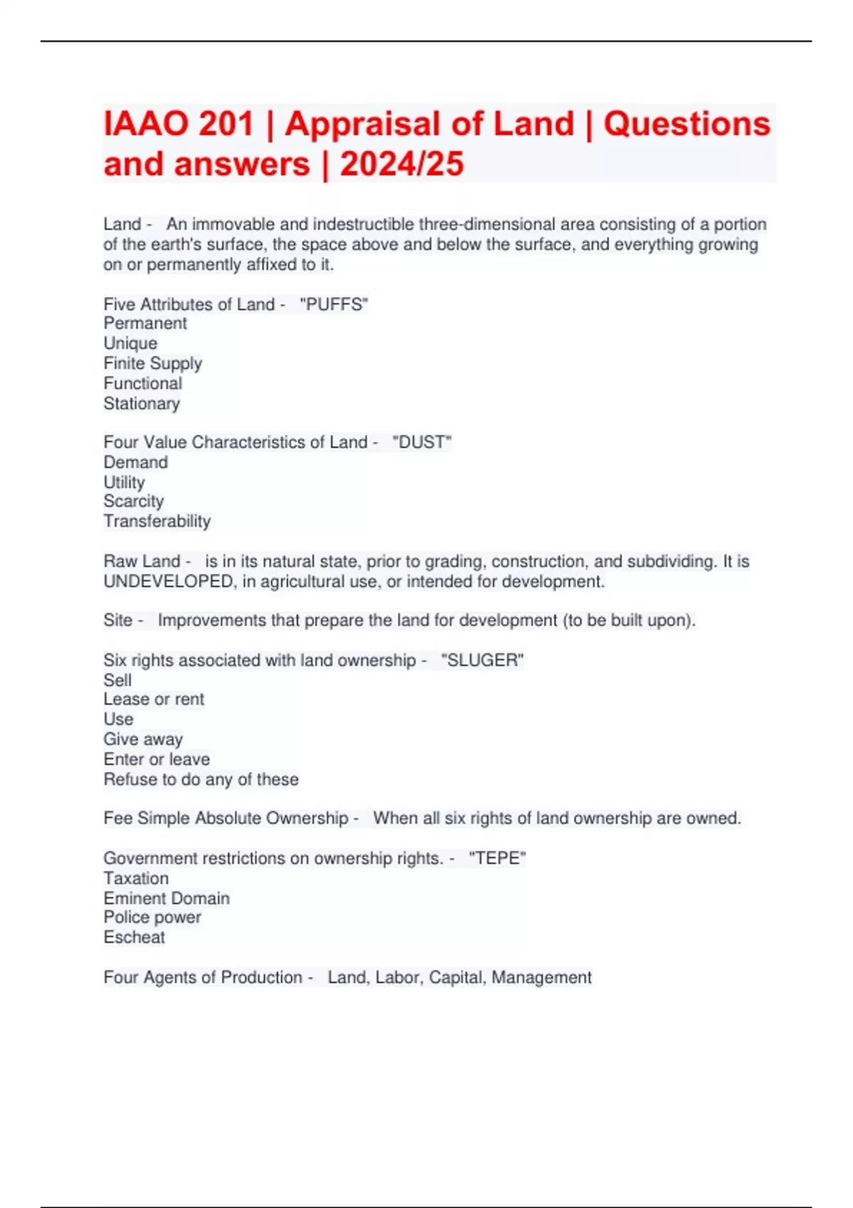 IAAO 201 | Appraisal of Land | Questions and answers | 2024/25 - IAAO ...