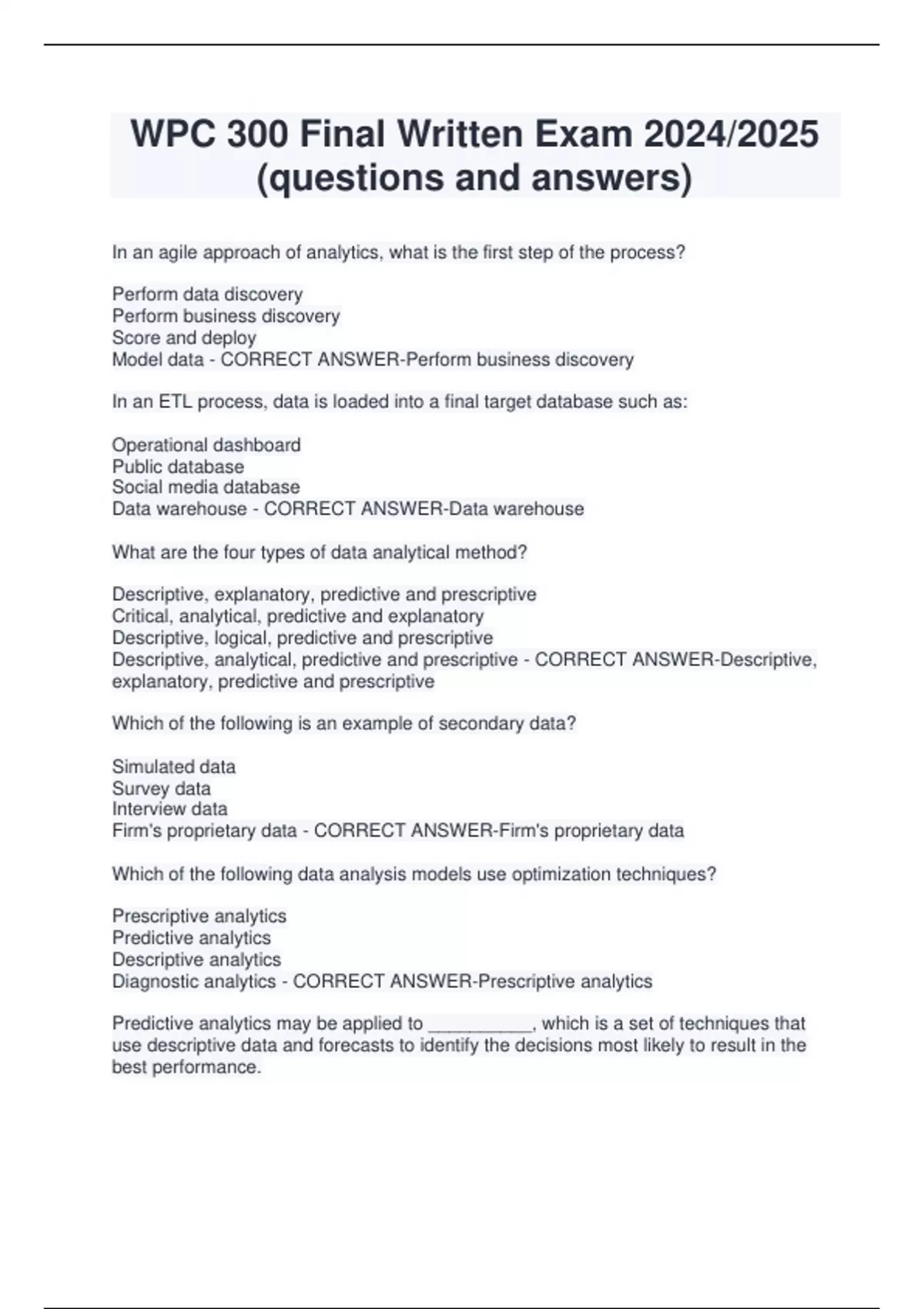 WPC 300 Final Written Exam 2024/2025 (questions and answers) - WPC 300 ...