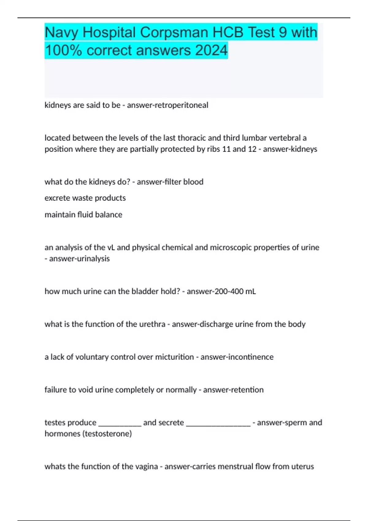 Navy Hospital Corpsman HCB Test 9 with 100% correct answers 2024 ...