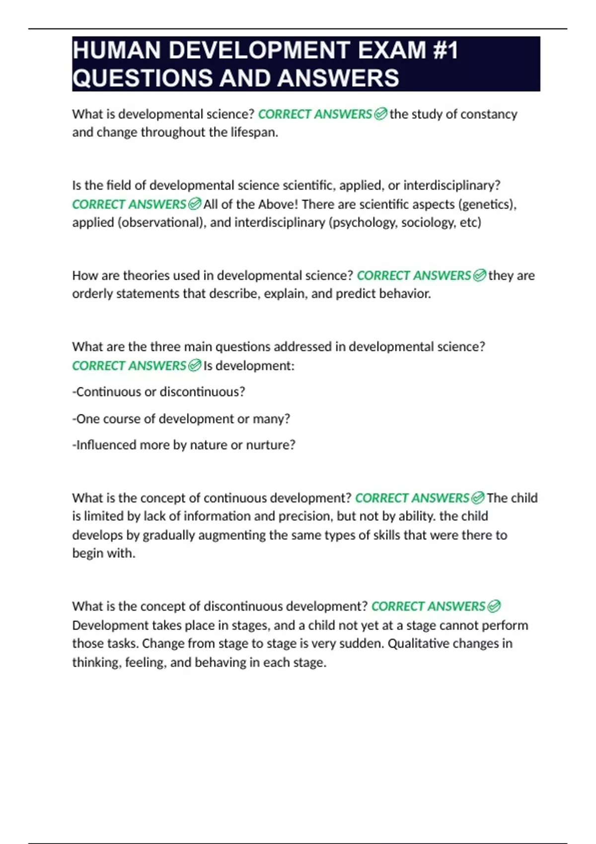 HUMAN DEVELOPMENT EXAM #1 QUESTIONS AND ANSWERS - HUMAN DEVELOPMENT #1 ...