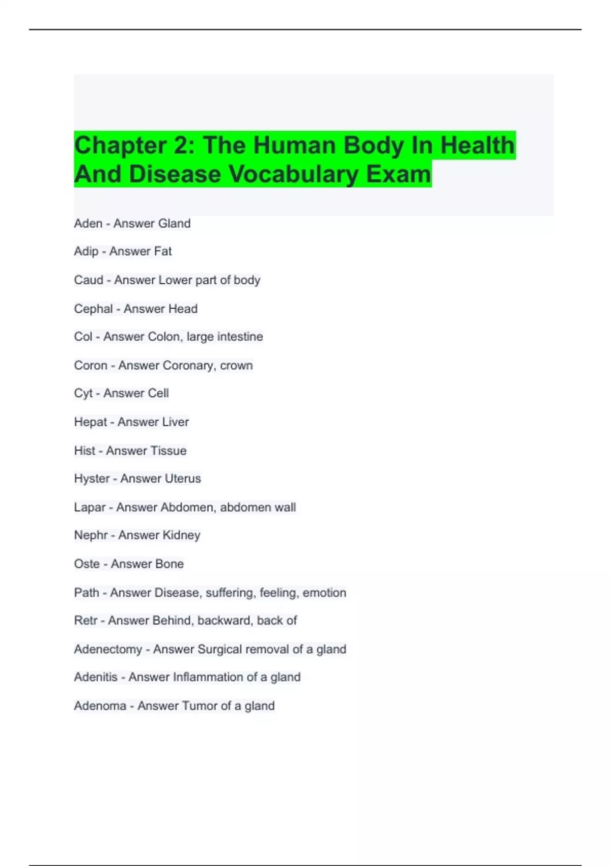 Chapter 2 The Human Body In Health And Disease Vocabulary Exam ...