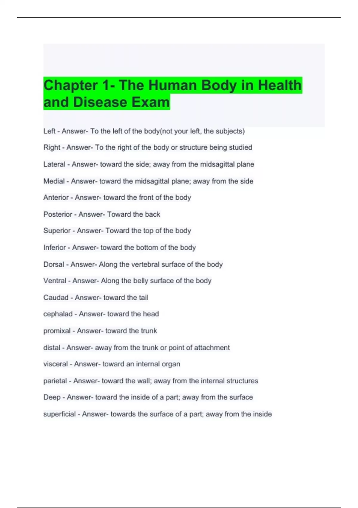 Chapter 1- The Human Body in Health and Disease Exam Questions and ...
