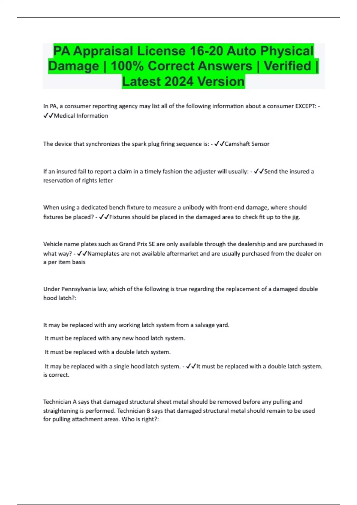 PA Appraisal License 16-20 Auto Physical Damage | 100% Correct Answers ...