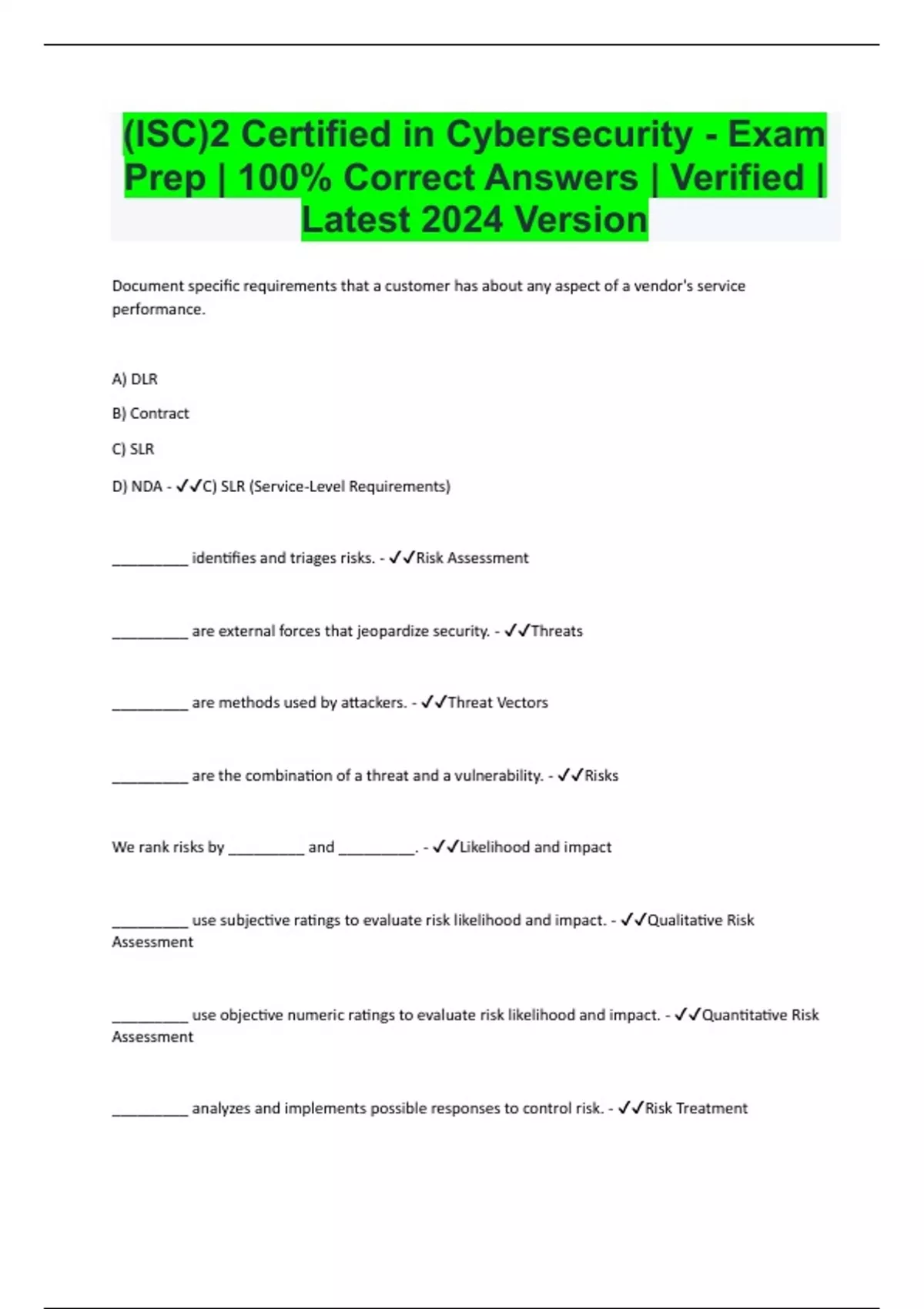 (ISC)2 Certified in Cybersecurity - Exam Prep | 100% Correct Answers ...