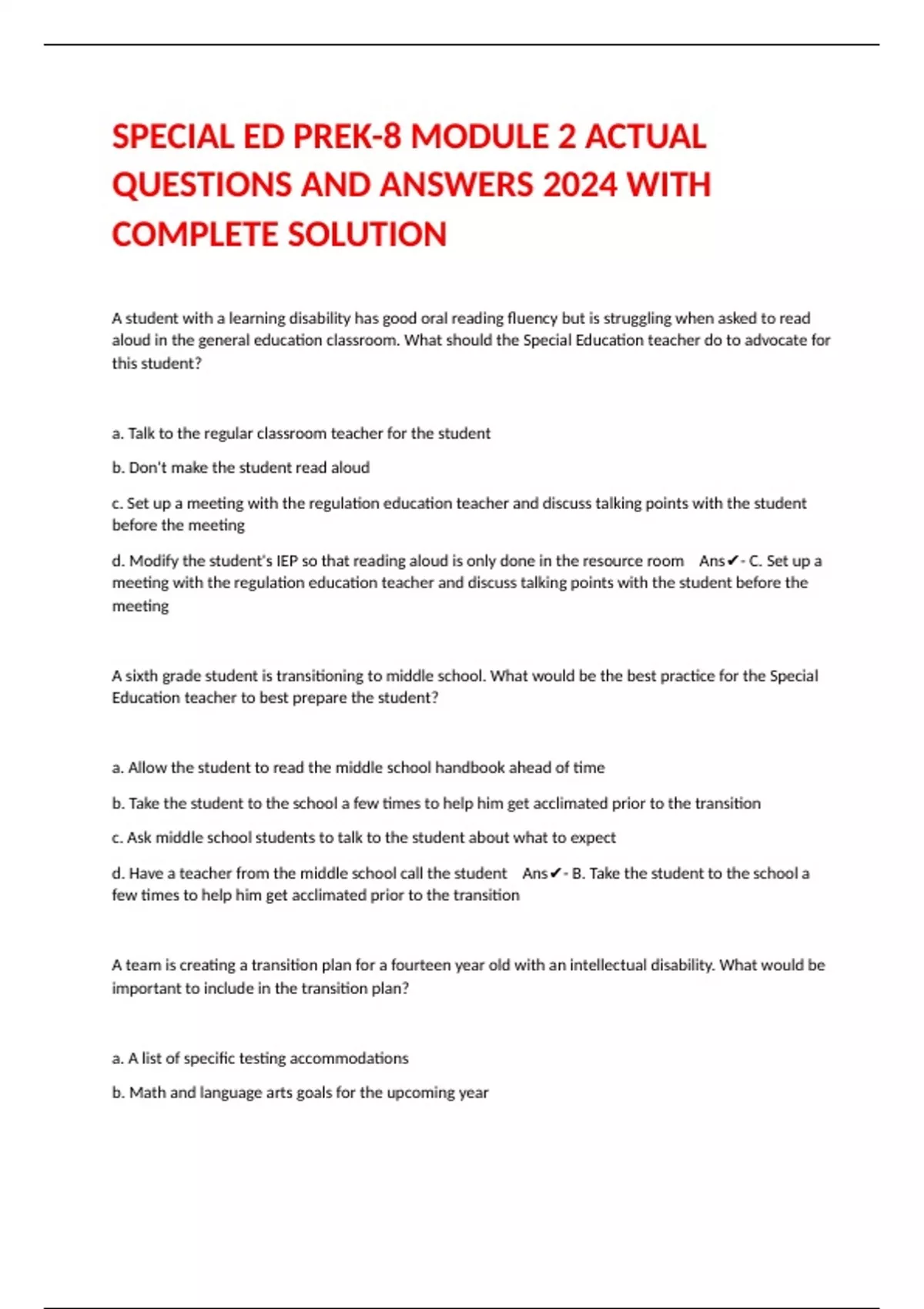 SPECIAL ED PREK-8 MODULE 2 ACTUAL QUESTIONS AND ANSWERS 2024 WITH ...