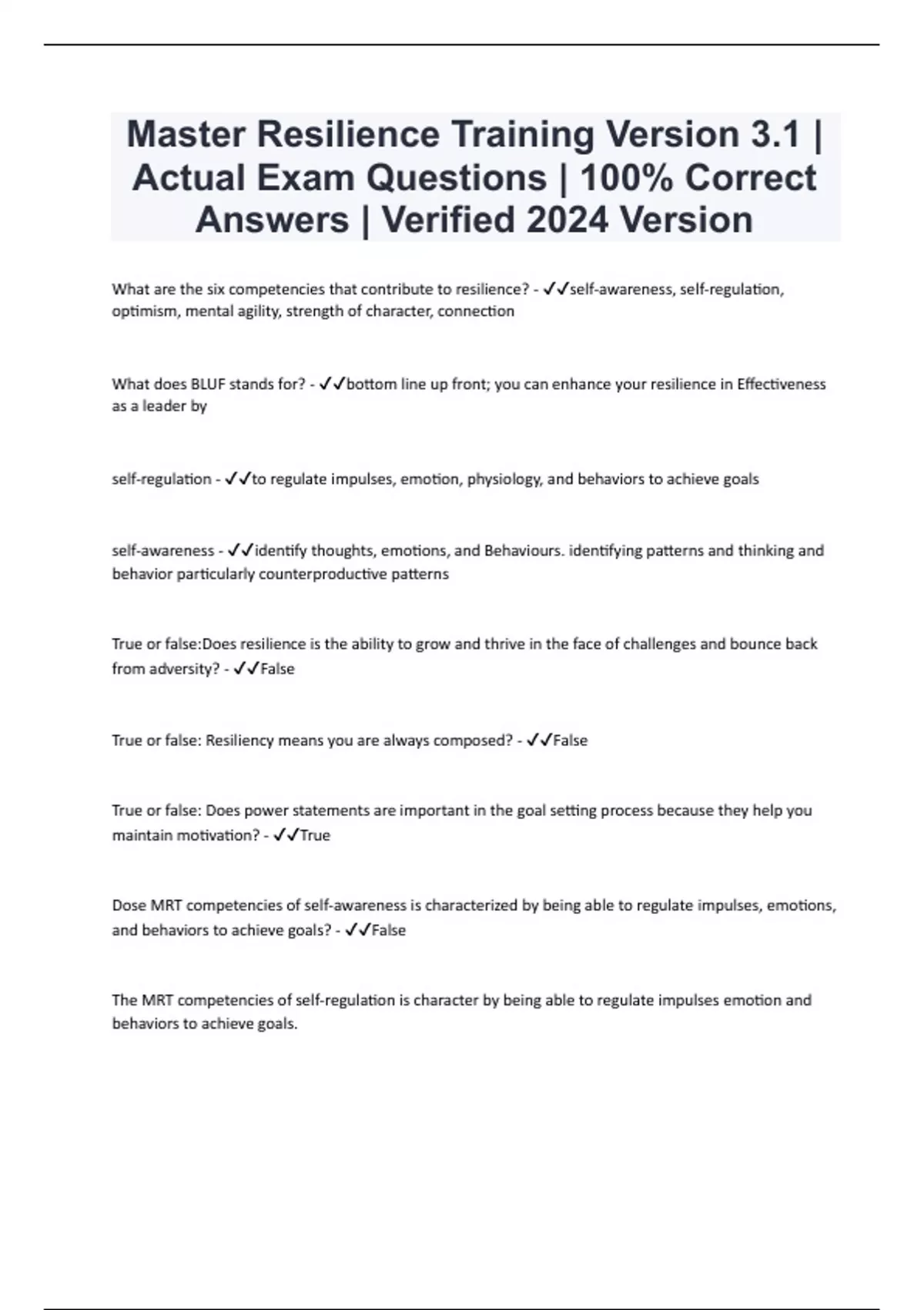 Master Resilience Training Version 3.1 | Actual Exam Questions | 100% ...