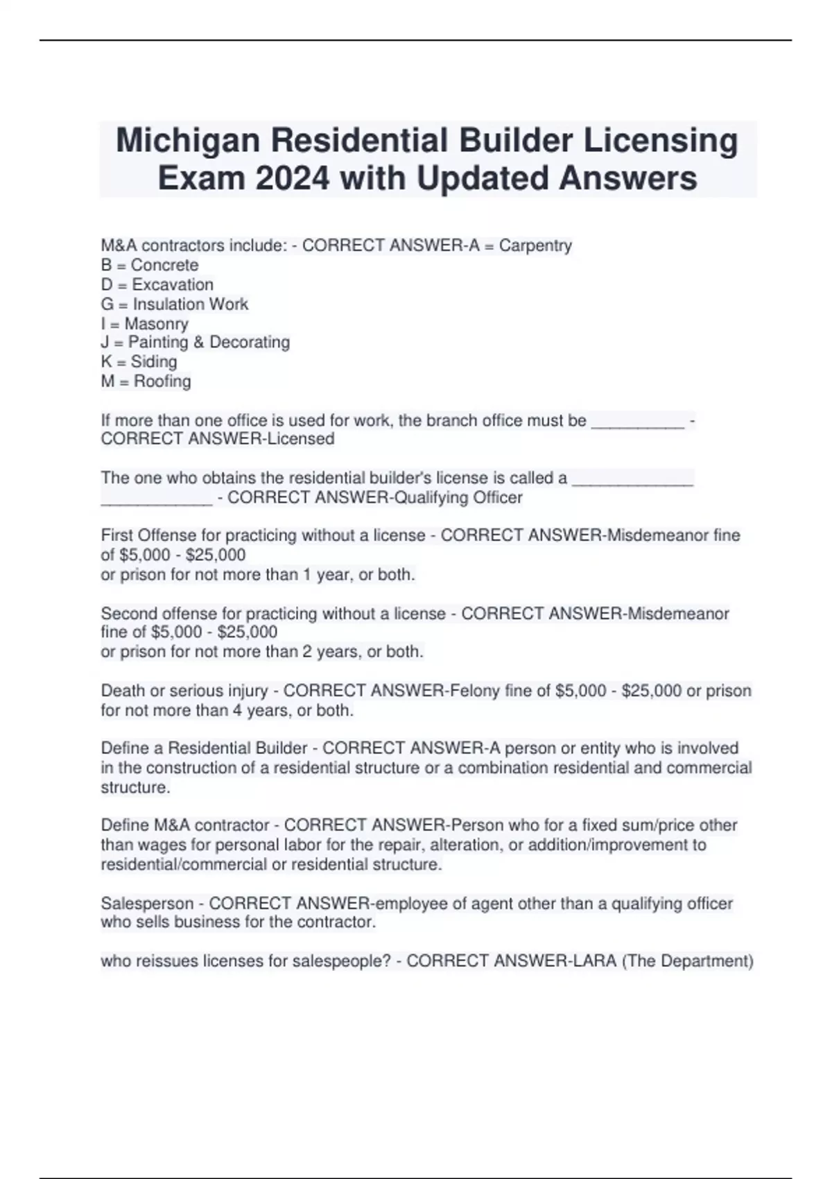 Michigan Residential Builder Licensing Exam 2024 with Updated Answers ...