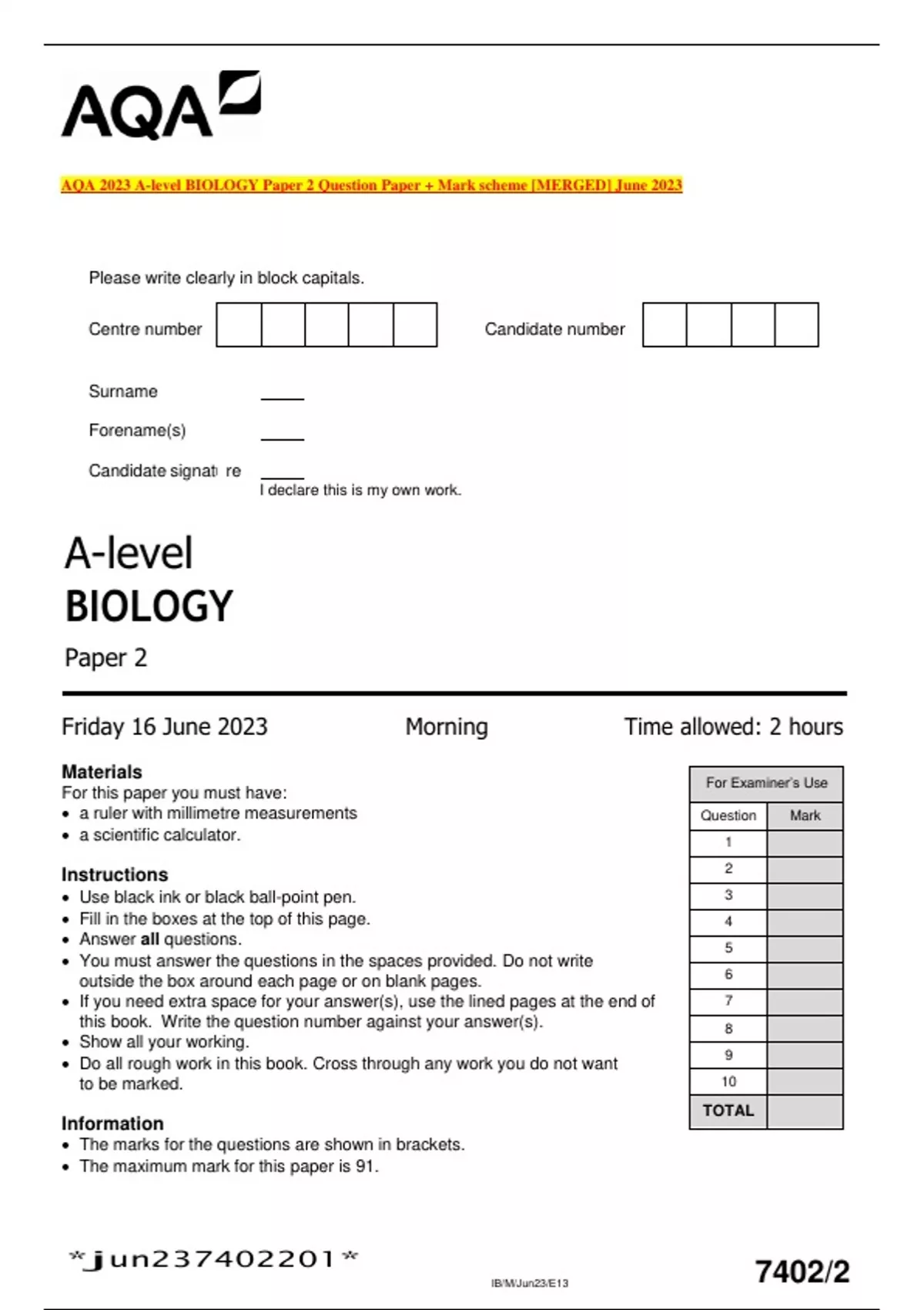 AQA 2023 A-level BIOLOGY Paper 2 Question Paper + Mark scheme [MERGED ...