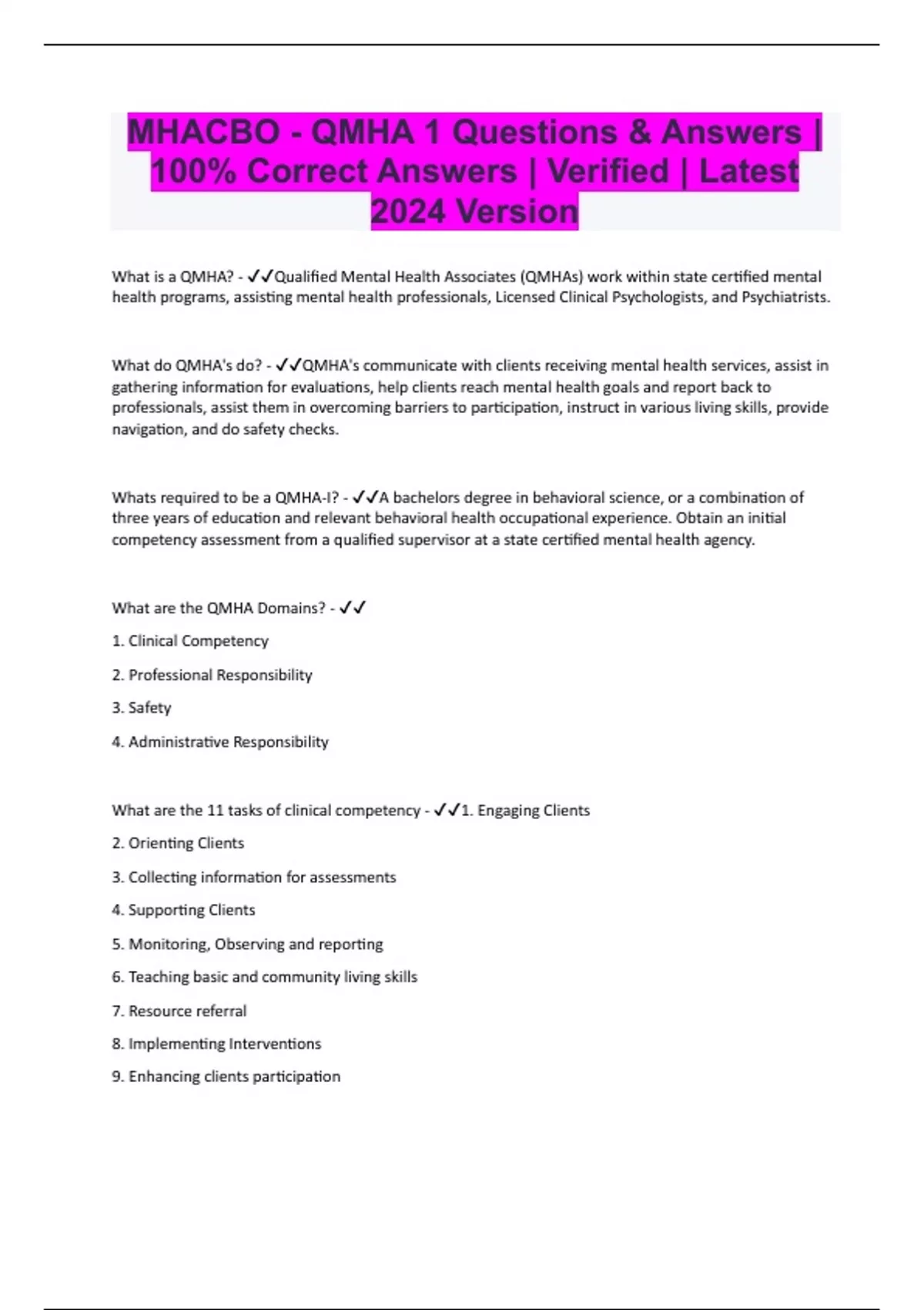 MHACBO - QMHA 1 Questions & Answers | 100% Correct Answers | Verified ...