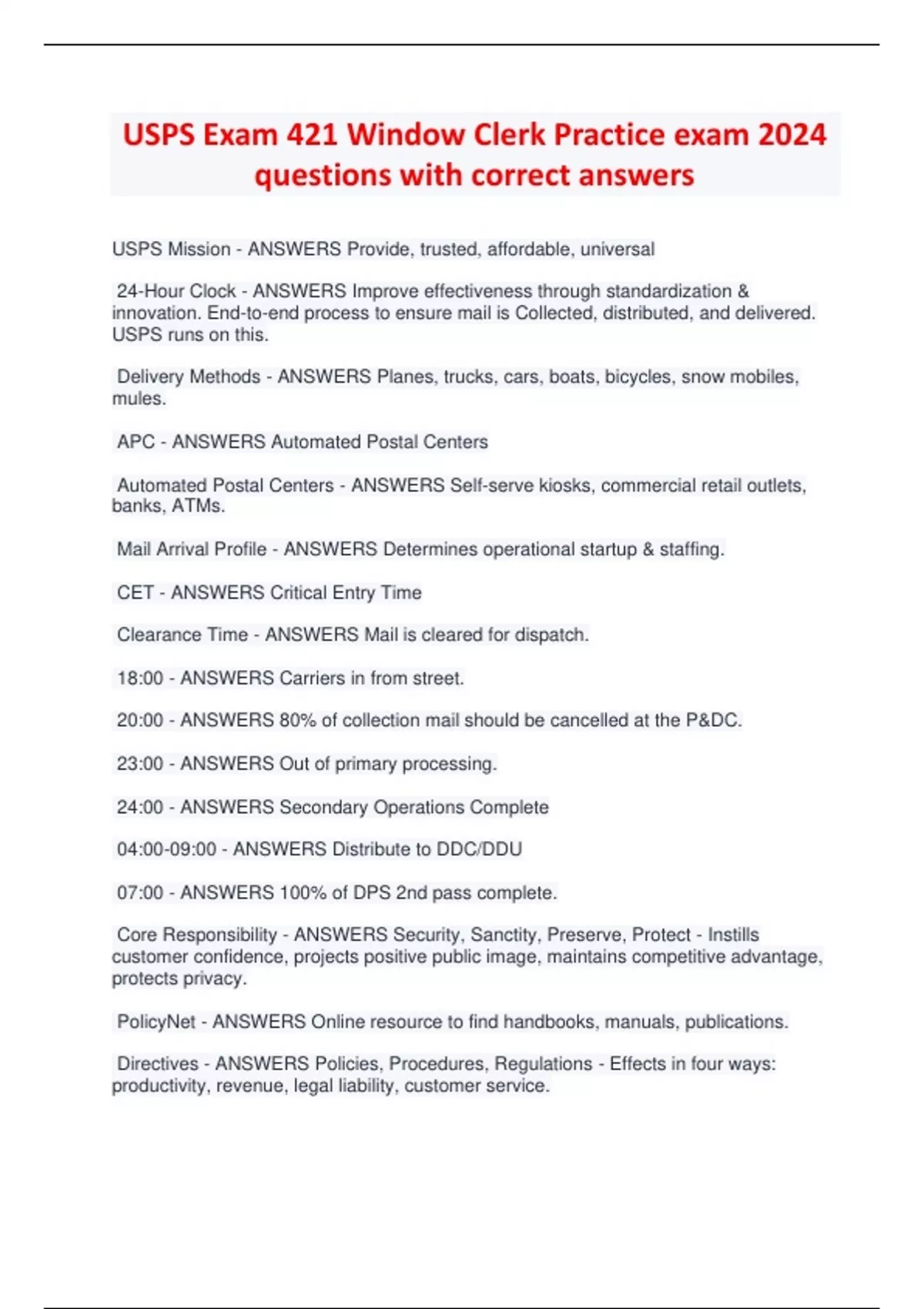 USPS Exam 421 Window Clerk Practice exam 2024 questions with correct ...