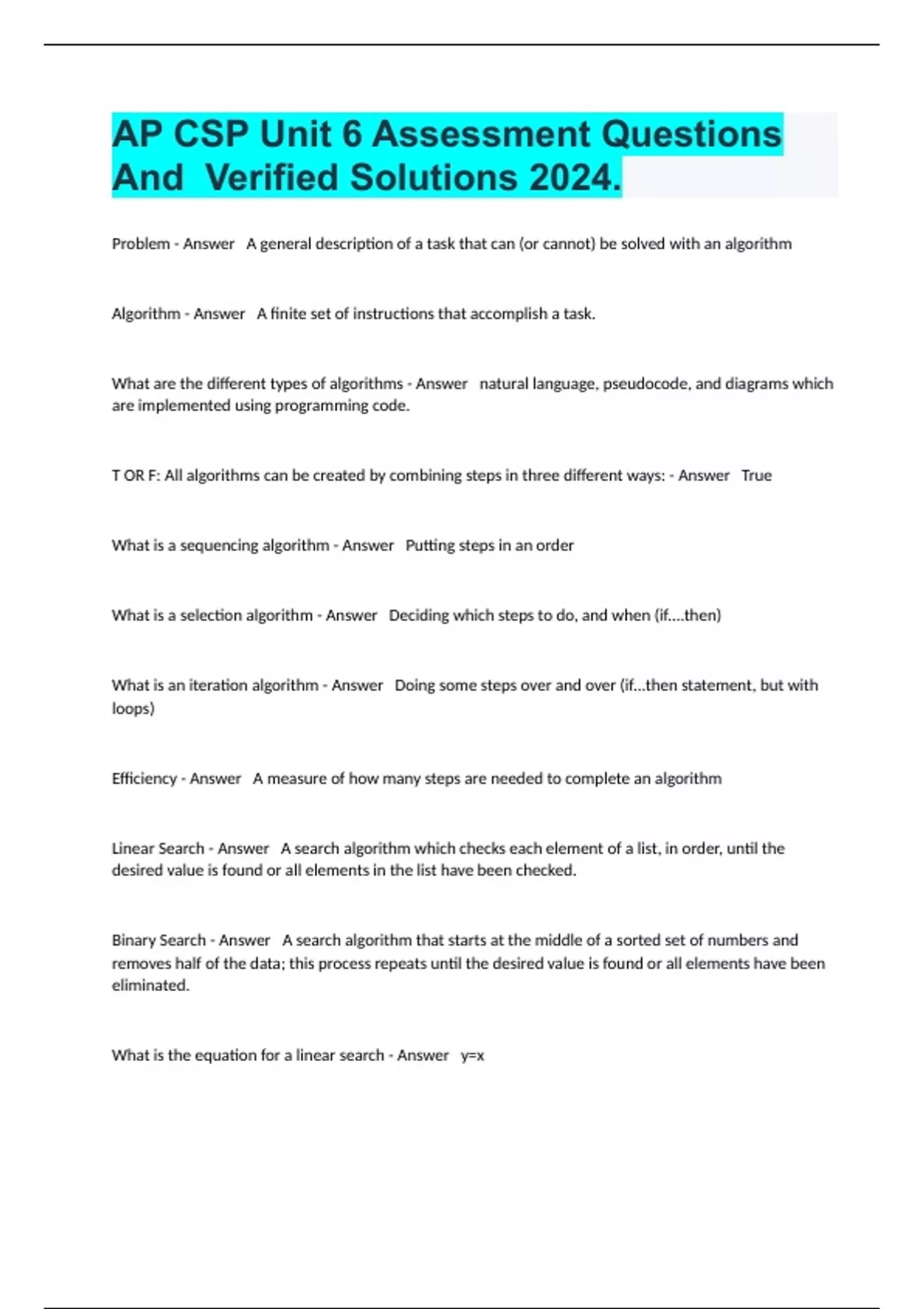 AP CSP Unit 6 Assessment Questions And Verified Solutions 2024. - AP ...