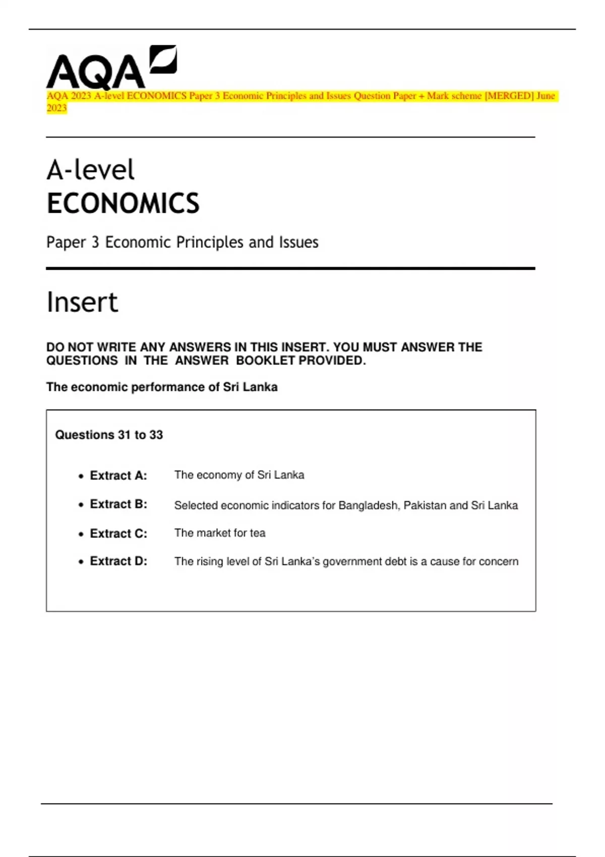 AQA 2023 A-level ECONOMICS Paper 3 Economic Principles and Issues ...
