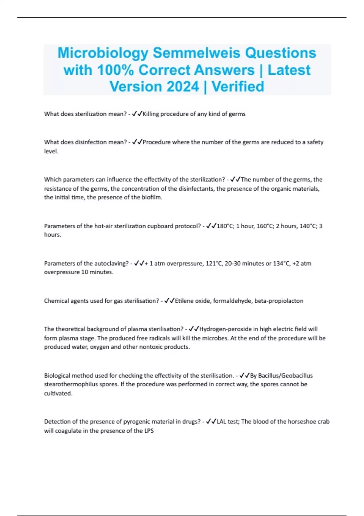 Microbiology Semmelweis Questions with 100% Correct Answers | Latest ...