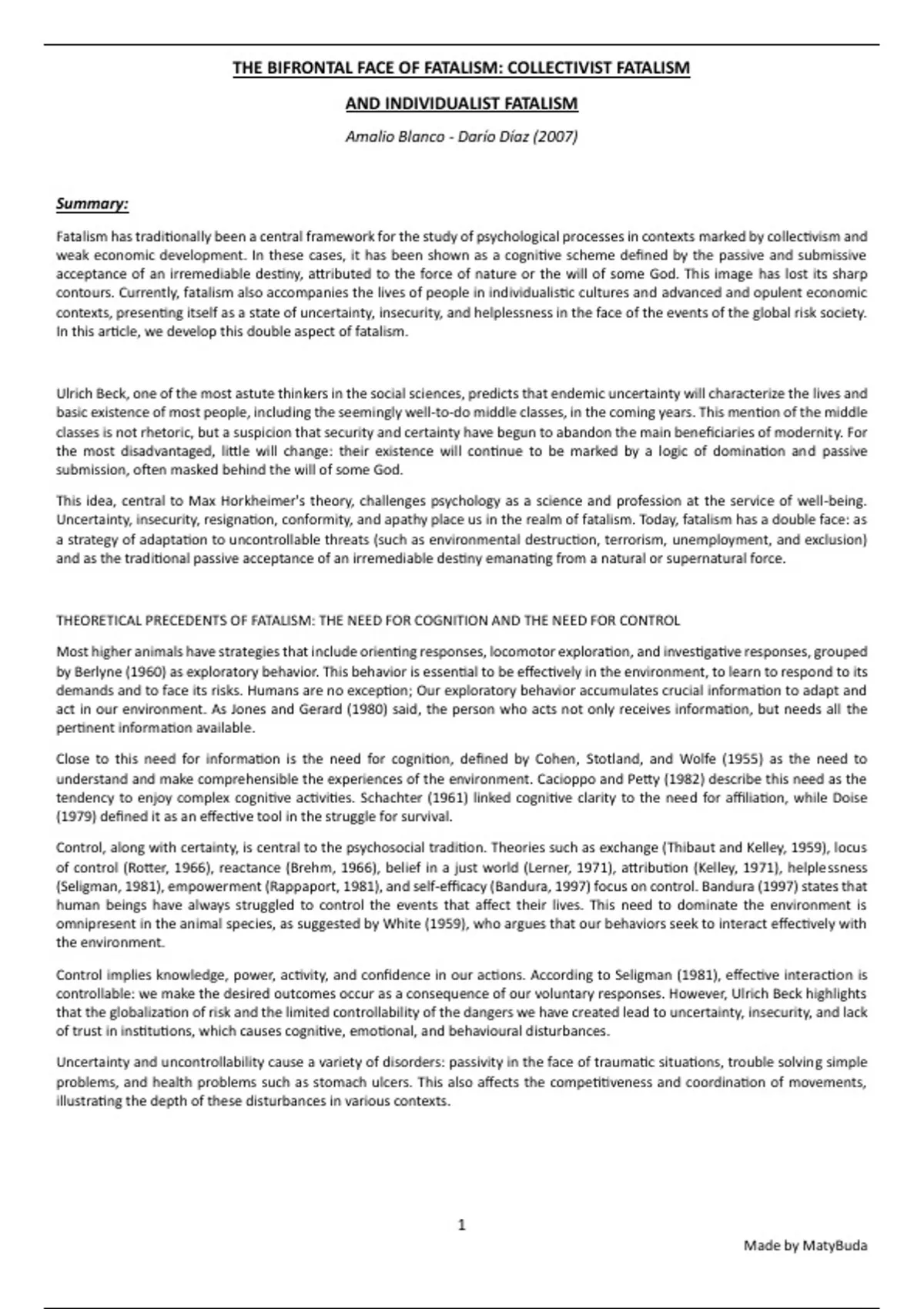Summary of 'The Bifrontal Face of Fatalism. Collectivist Fatalism and ...