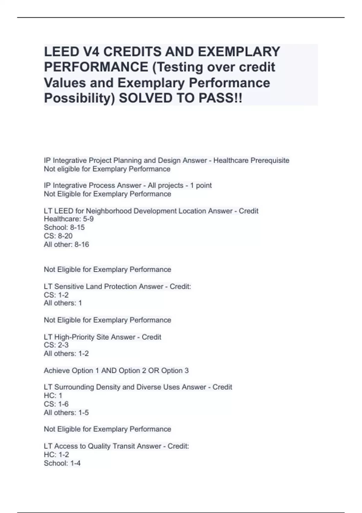 LEED V4 CREDITS AND EXEMPLARY PERFORMANCE (Testing over credit Values ...