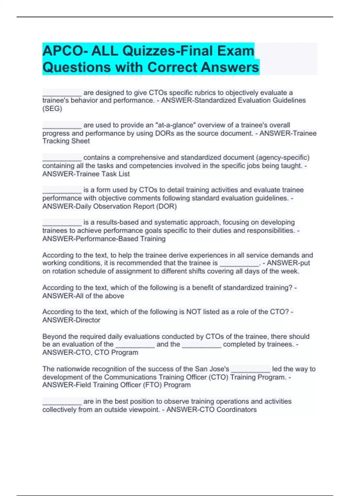 APCO- ALL Quizzes-Final Exam Questions with Correct Answers - APCO ...