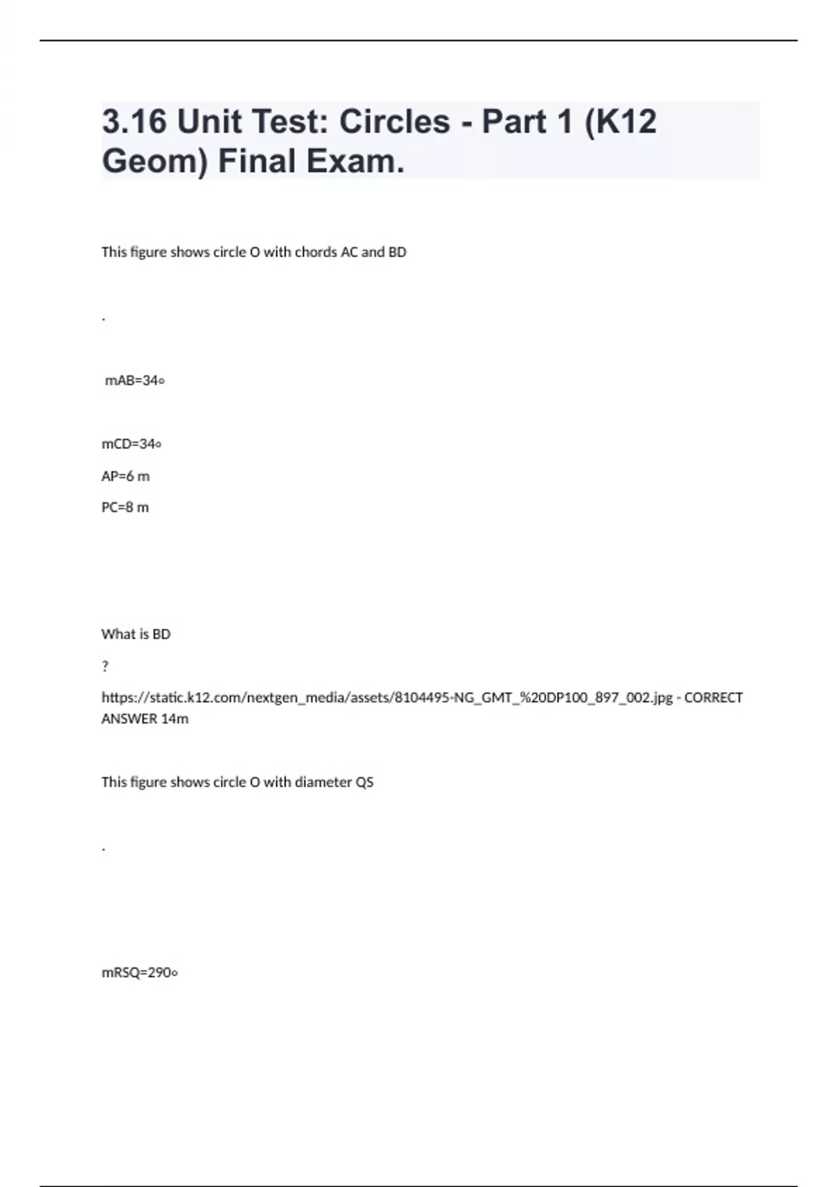 3.16 Unit Test: Circles - Part 1 (K12 Geom) Final Exam. - GEOM. - Stuvia US
