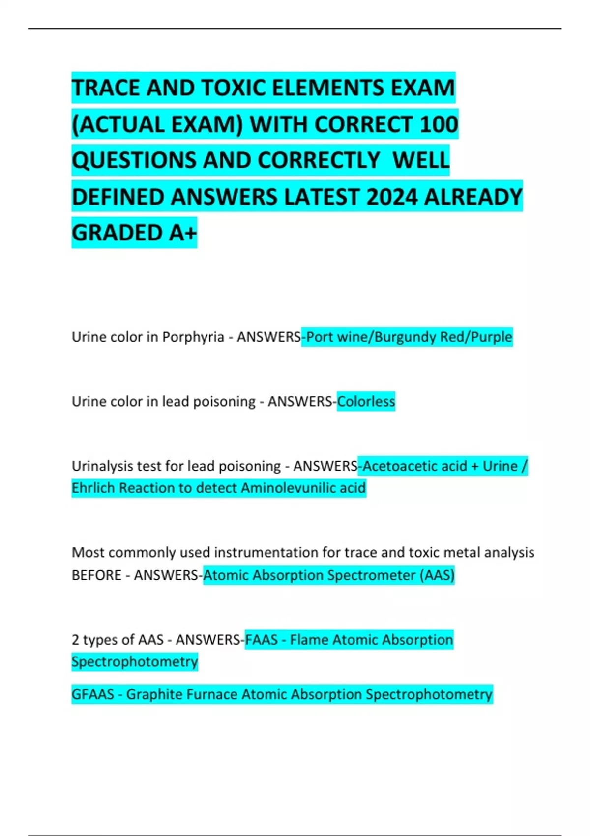 TRACE AND TOXIC ELEMENTS EXAM (ACTUAL EXAM) WITH CORRECT 100 QUESTIONS ...