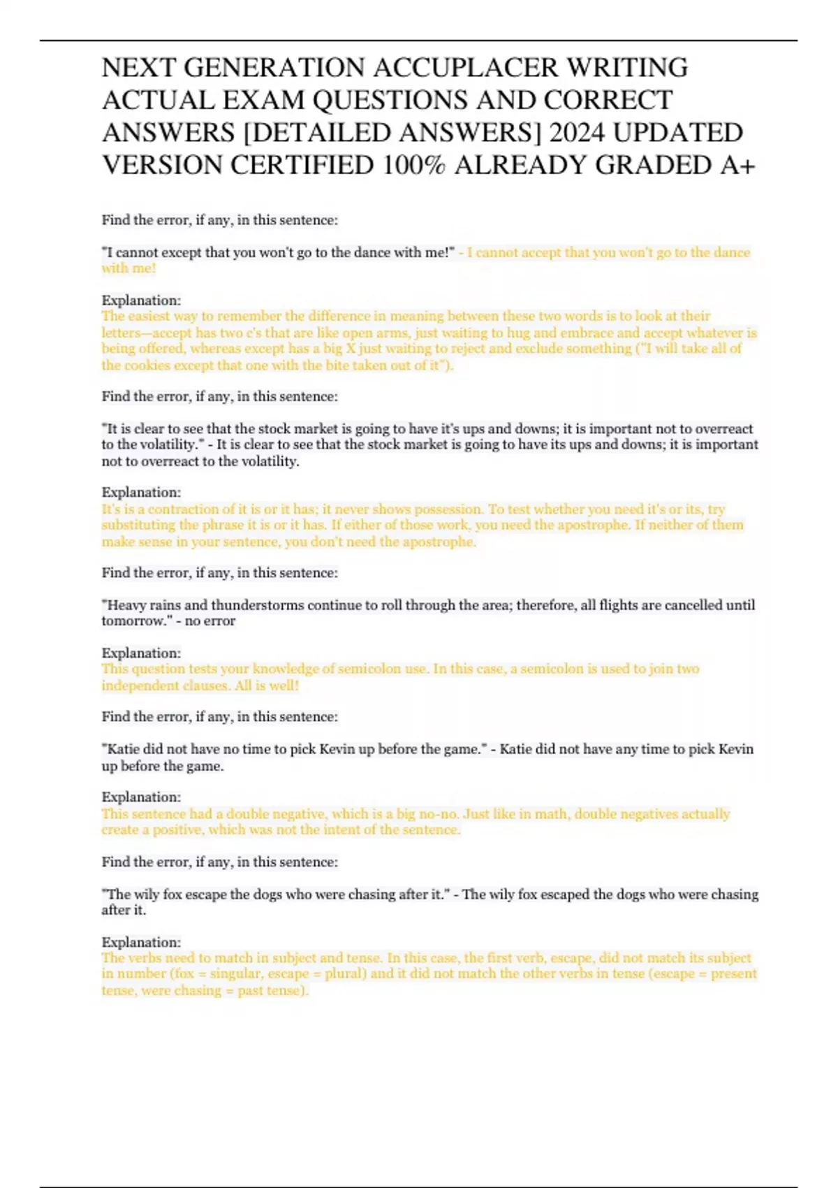 Next Generation Accuplacer Writing Actual Exam Questions And Correct Answers [detailed Answers