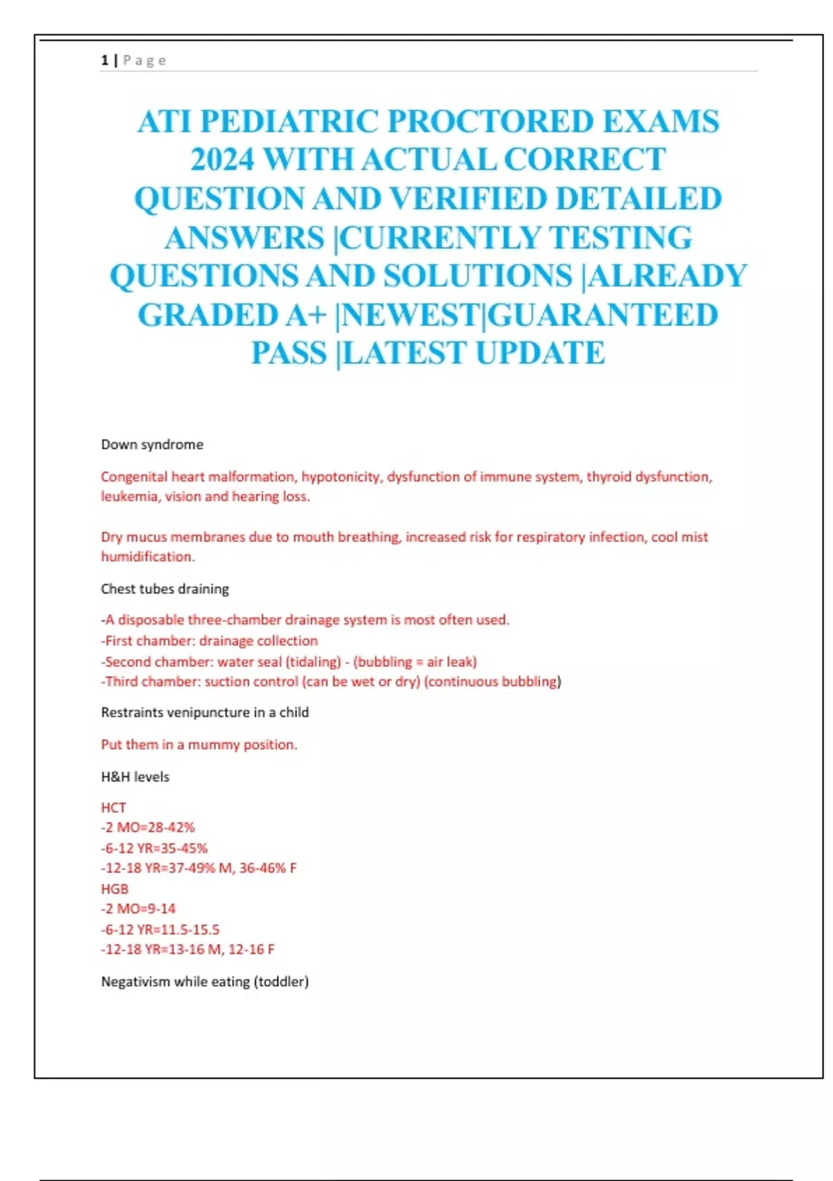 ATI PEDIATRIC PROCTORED EXAMS 2024 WITH ACTUAL CORRECT QUESTION AND ...